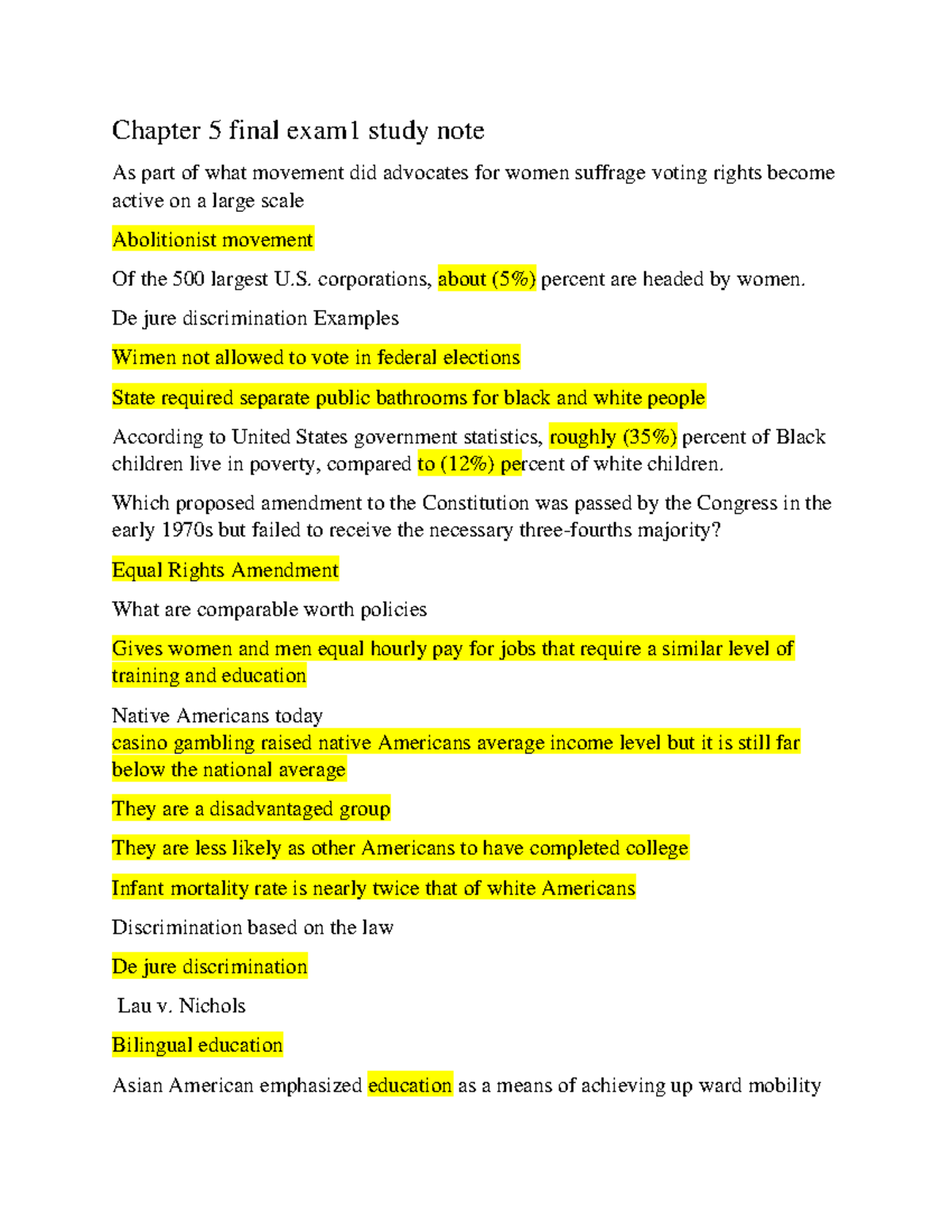 Chapter 5 final exam1 study note - corporations, about (5%) percent are headed by women. De jure ...