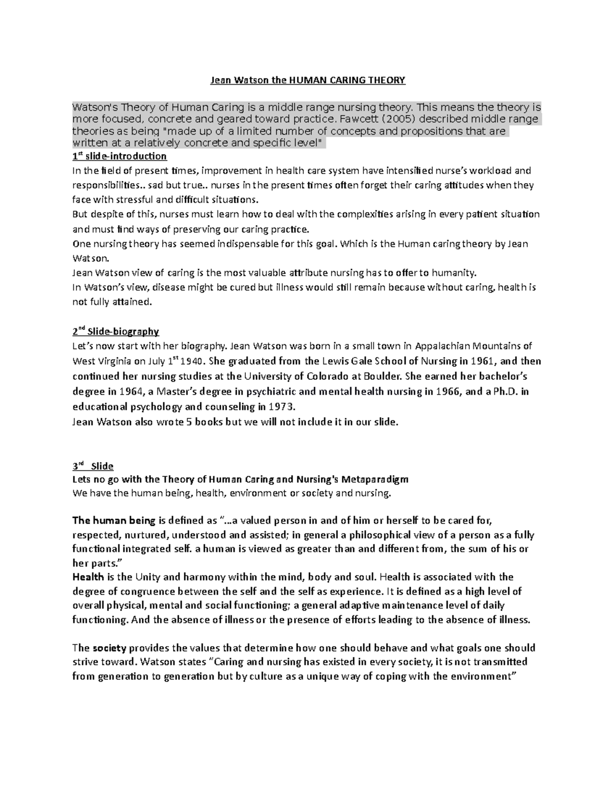 Jean Watson the Human Caring Theory - Jean Watson the HUMAN CARING ...