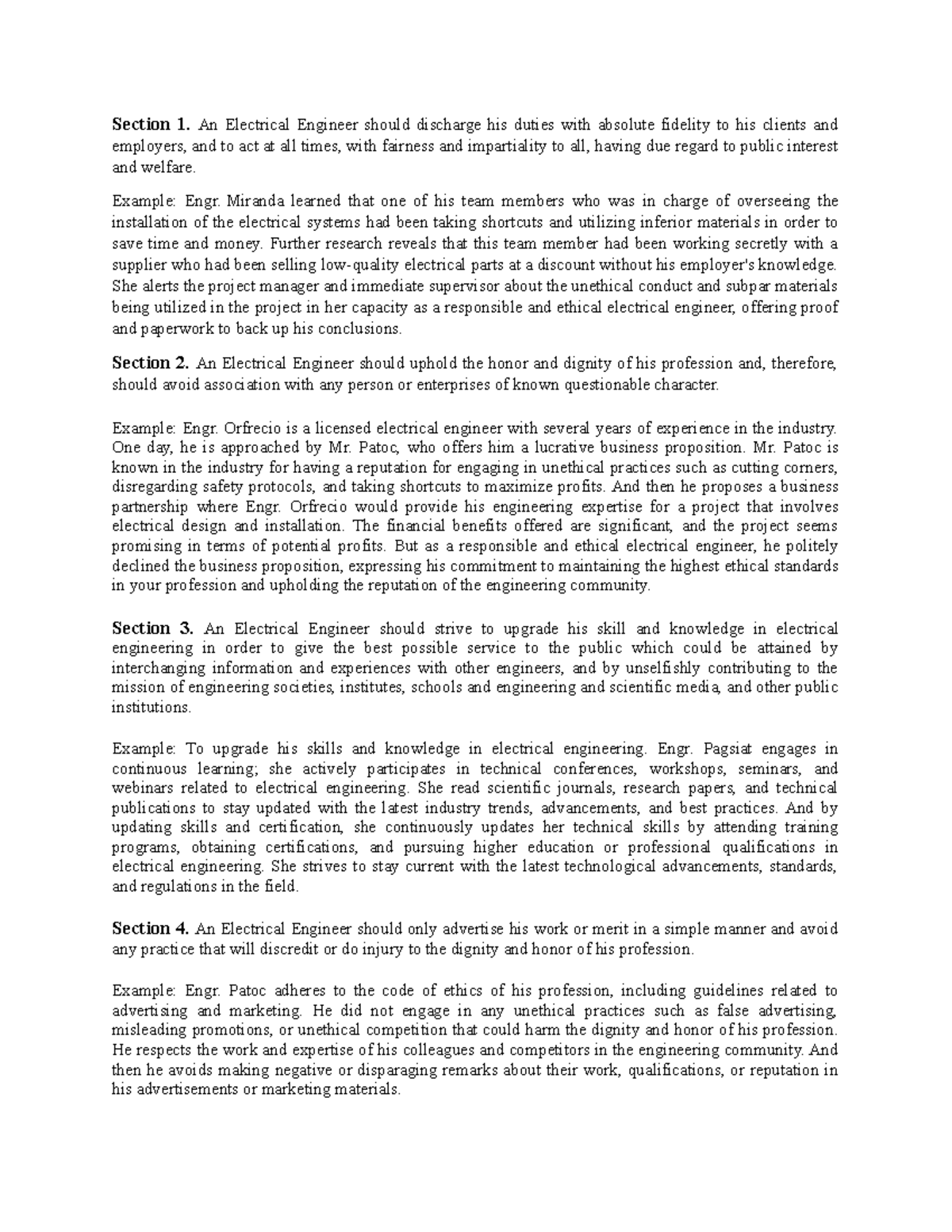 EE LAW Article I Sec 1-4 - EE LAW - Section 1. An Electrical Engineer should discharge his ...
