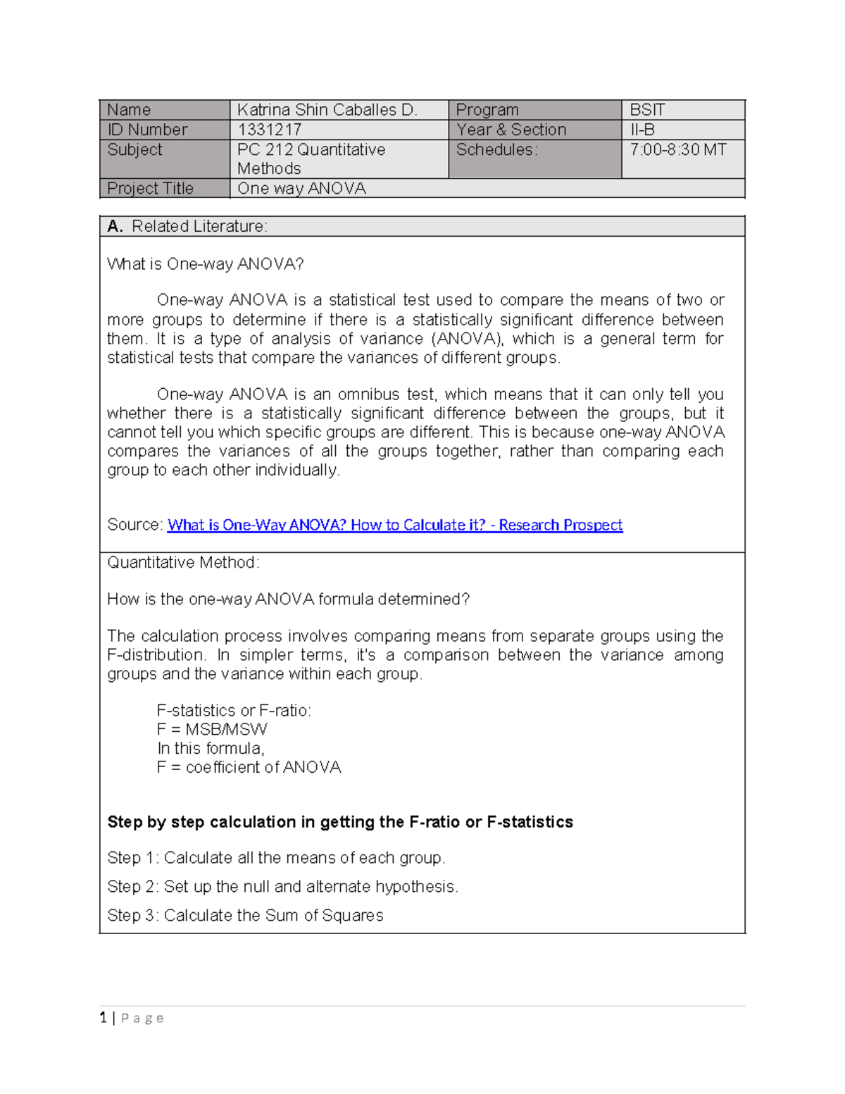 QM project ONE WAY ANOVA - Name Katrina Shin Caballes D. Program BSIT ...