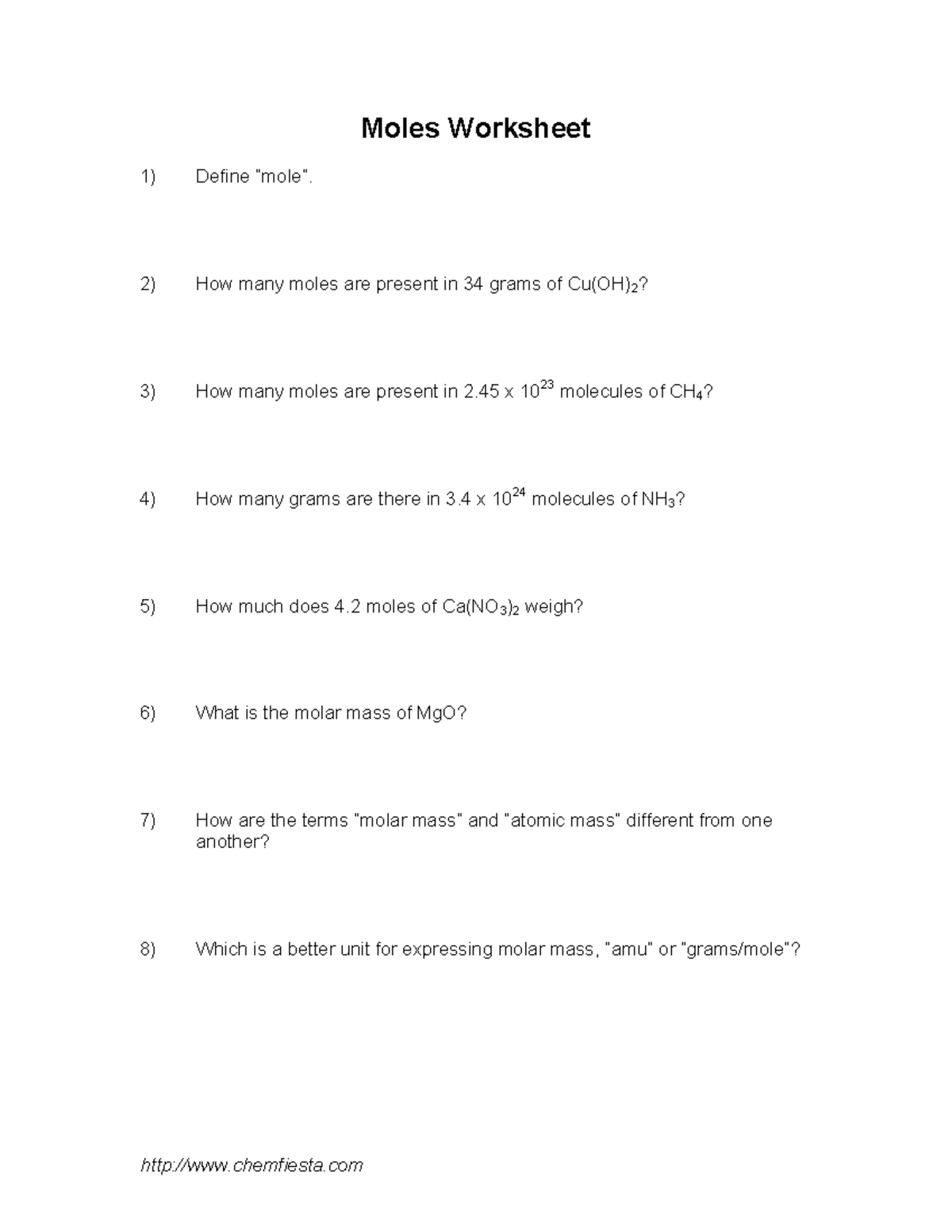 Moles Worksheet - chemfiesta 1) Define ìmoleî. Moles Worksheet How many ...