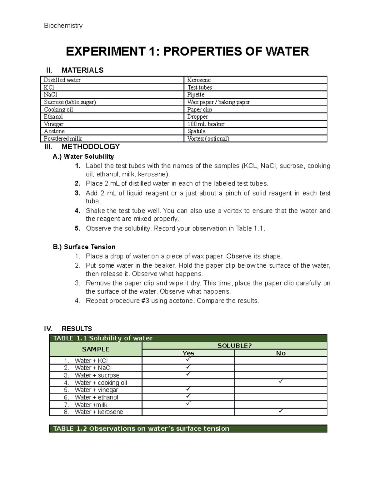 Experiment 1-mats,methodology,results - Biochemistry EXPERIMENT 1 ...