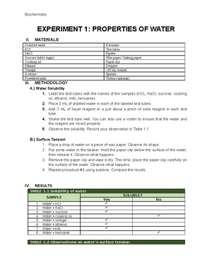 Experiment 1-conclu,reco - Biochemistry EXPERIMENT 1: PROPERTIES OF WATER II. CONCLUSION AND ...