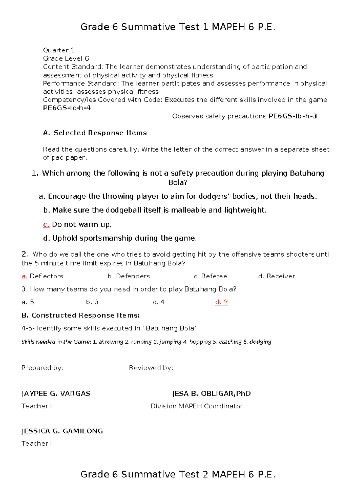 Grade 6 Summative Test Mapeh 6 P - Grade 6 Summative Test 1 MAPEH 6 P ...