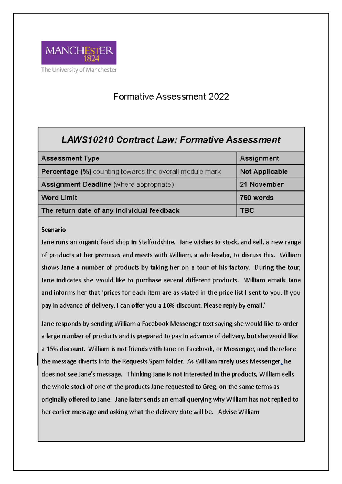 Contract Law Formative Assessment 2022 - Formative Assessment 2022 LAWS10210 Contract Law ...