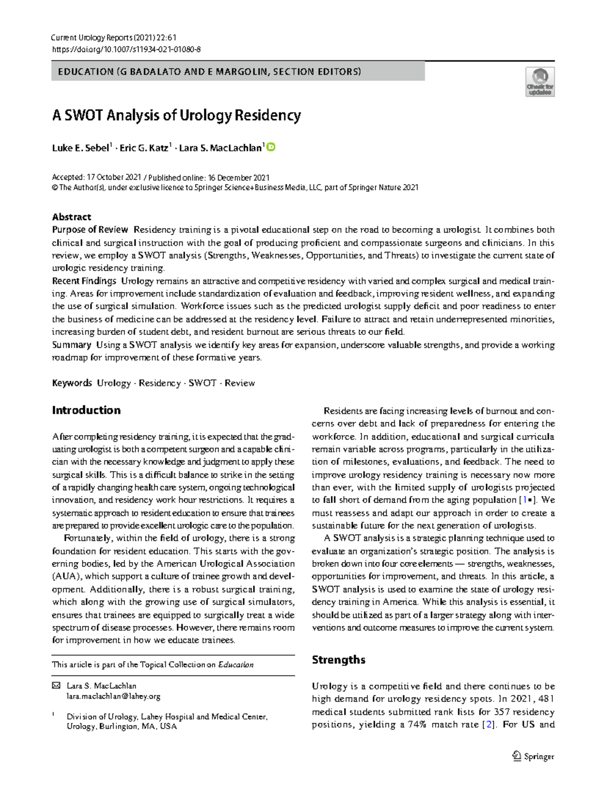 A SWOT Analysis of Urology Residency - Vol.:(0123456789)1 3 doi/10.1007 ...