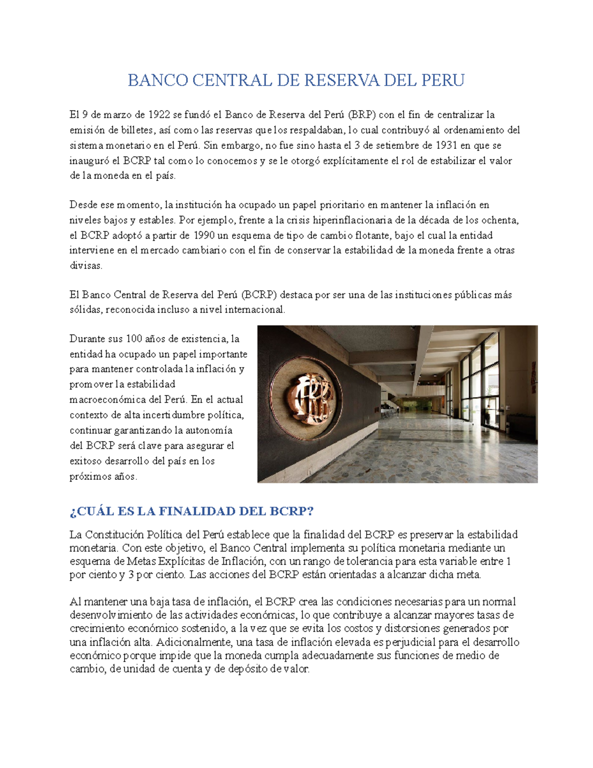 Bcr - BANCO CENTRAL DE RESERVA DEL PERU El 9 de marzo de 1922 se fundó el Banco de Reserva del ...