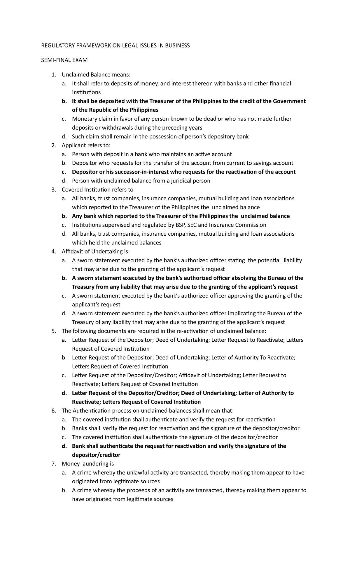 Sample/practice exam March, questions and answers - REGULATORY ...