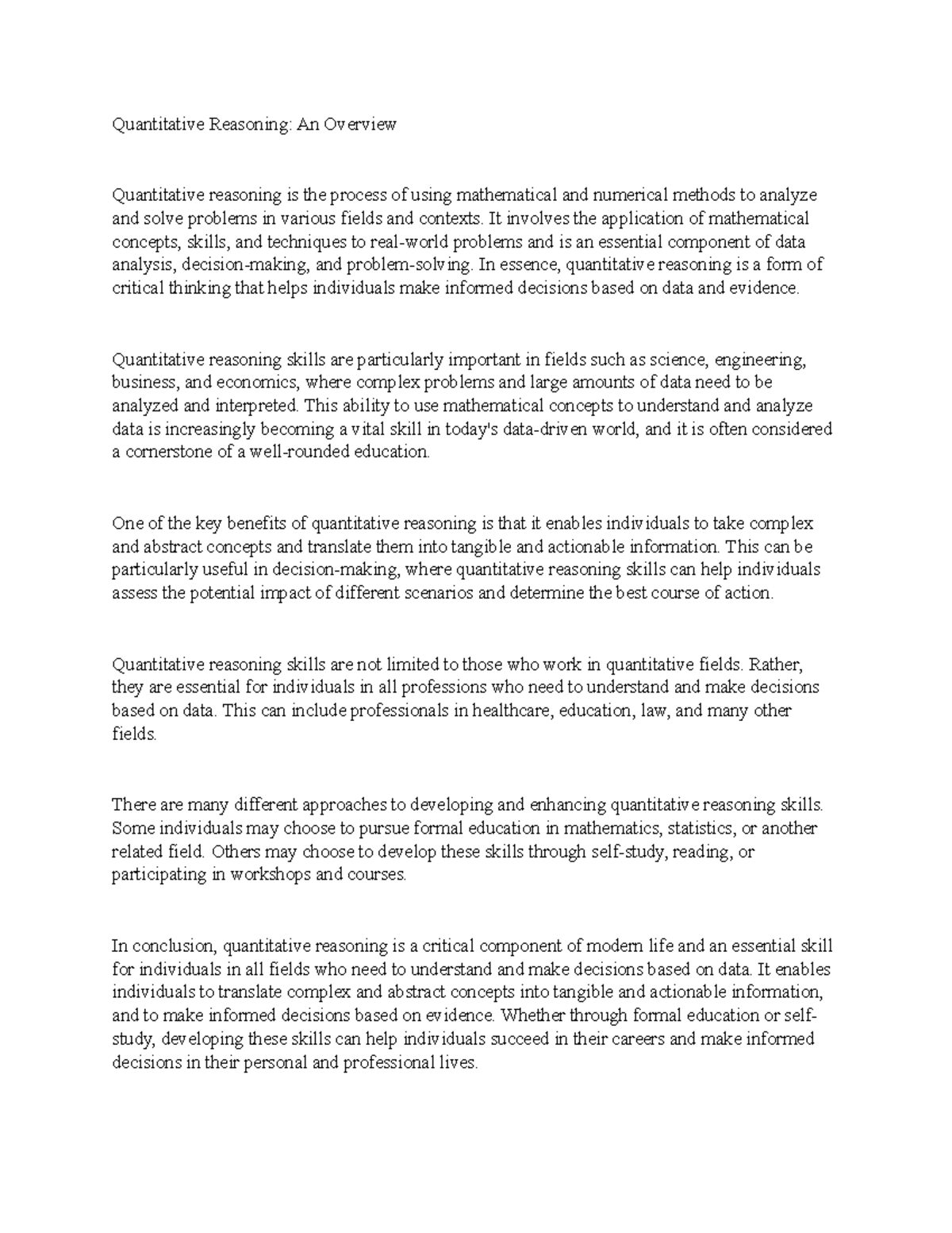 Q1 - Overview about what quantitative reasoning is - Quantitative Reasoning: An Overview - Studocu