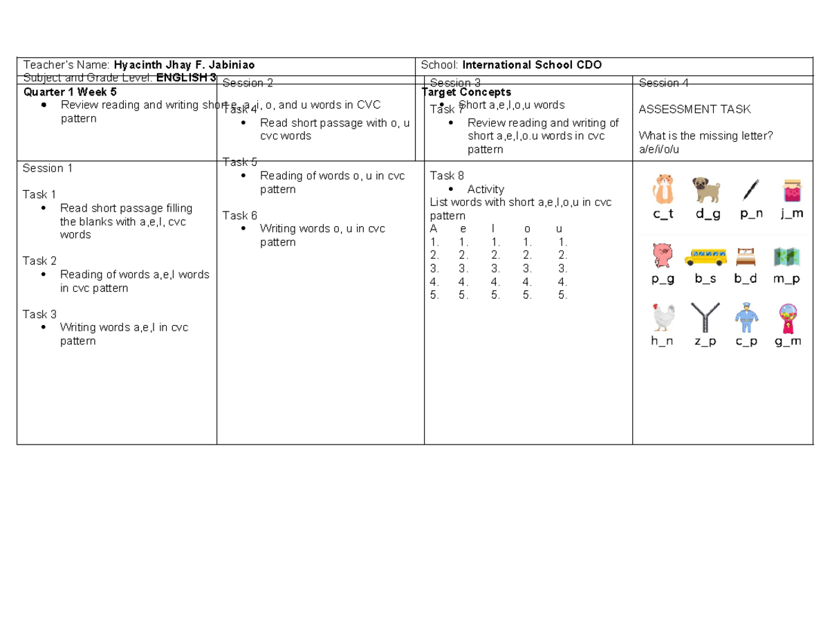 Grade 3 Lesson Plan English Quarter 1 Week 5 - Session 1 Task 1 Read ...