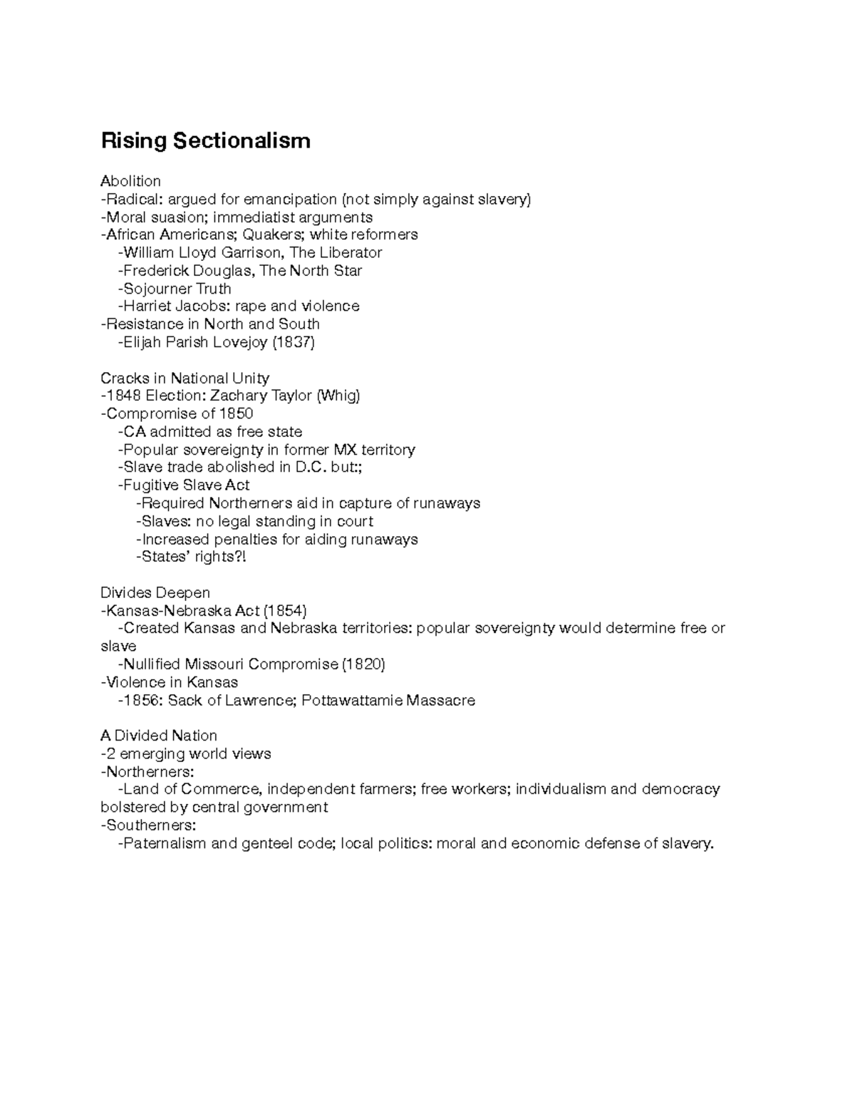 Rising Sectionalism - Lecture notes 16 - Rising Sectionalism Abolition ...