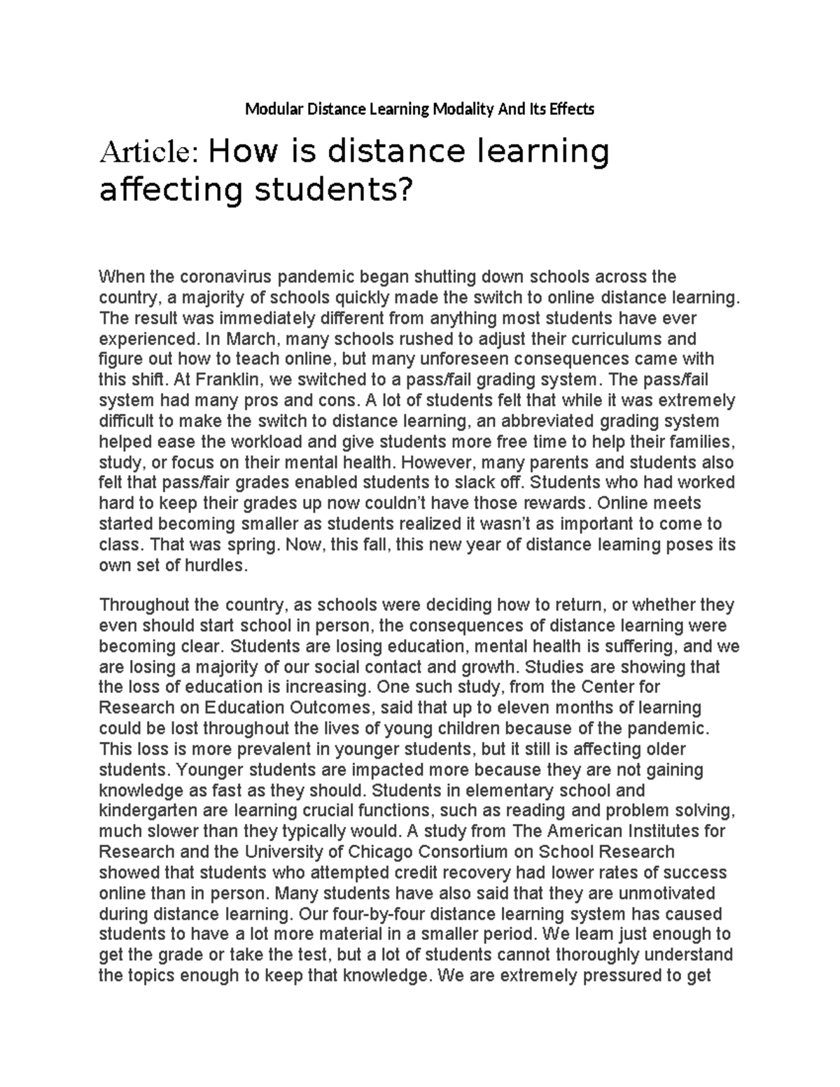 Modular Distance Learning Modality And Its Effects The Result Was