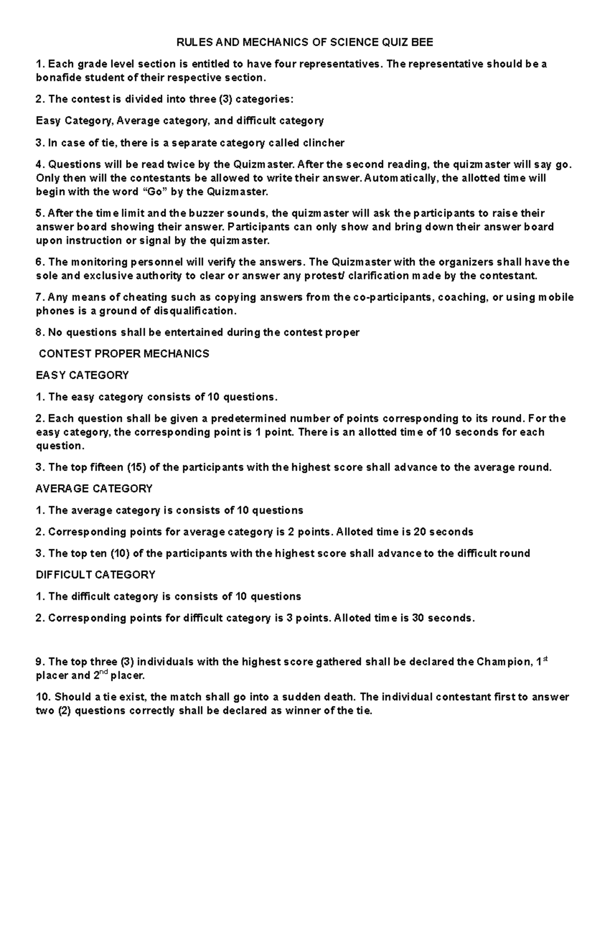 Rules AND Mechanics OF Science QUIZ BEE - RULES AND MECHANICS OF ...