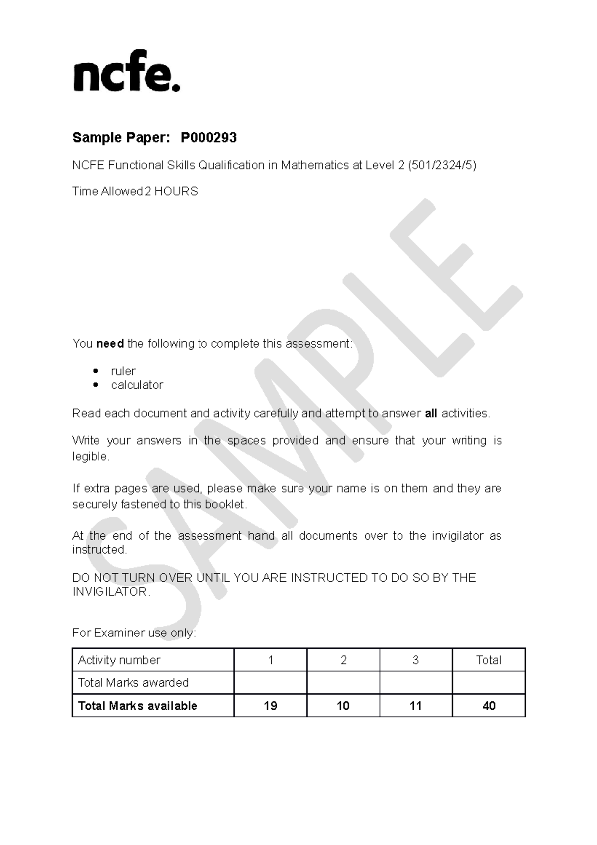 P000293 L2 Mathematics Sample Paper - Sample Paper: P NCFE Functional ...