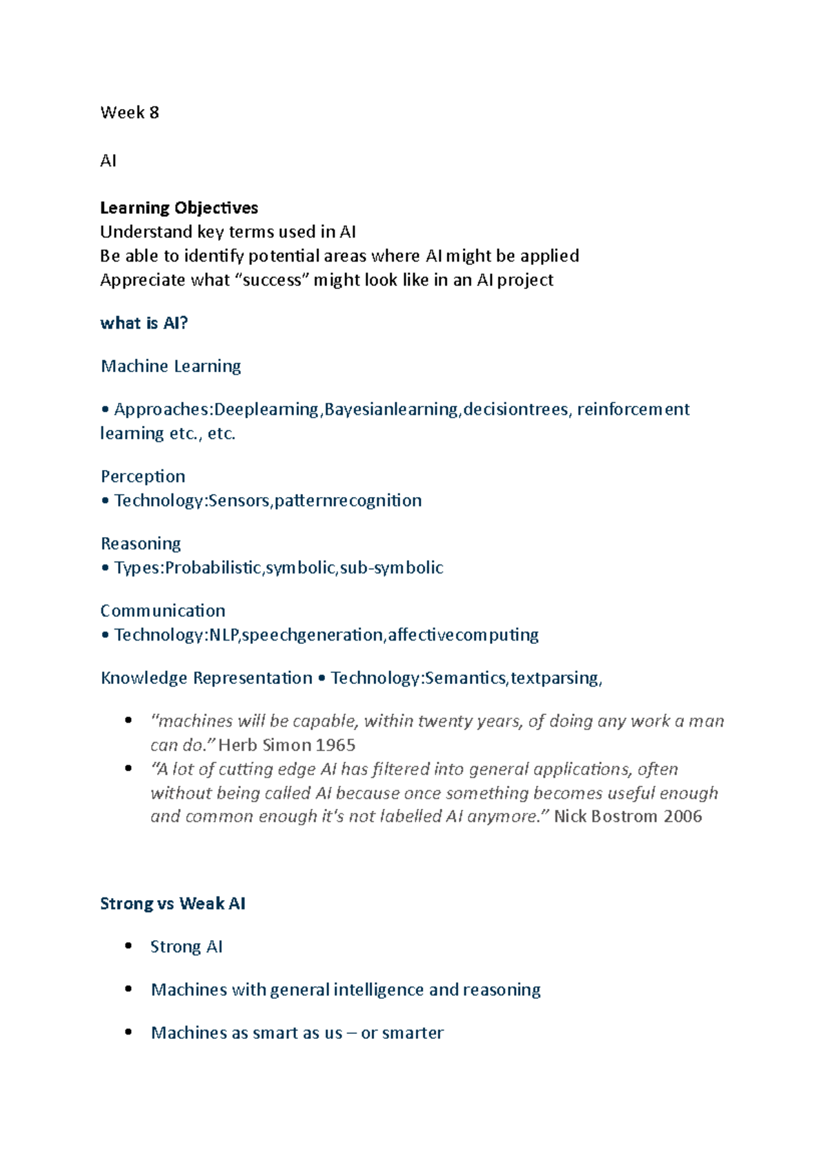 Artificial intelligence - Week 8 AI Learning Objectives Understand key ...