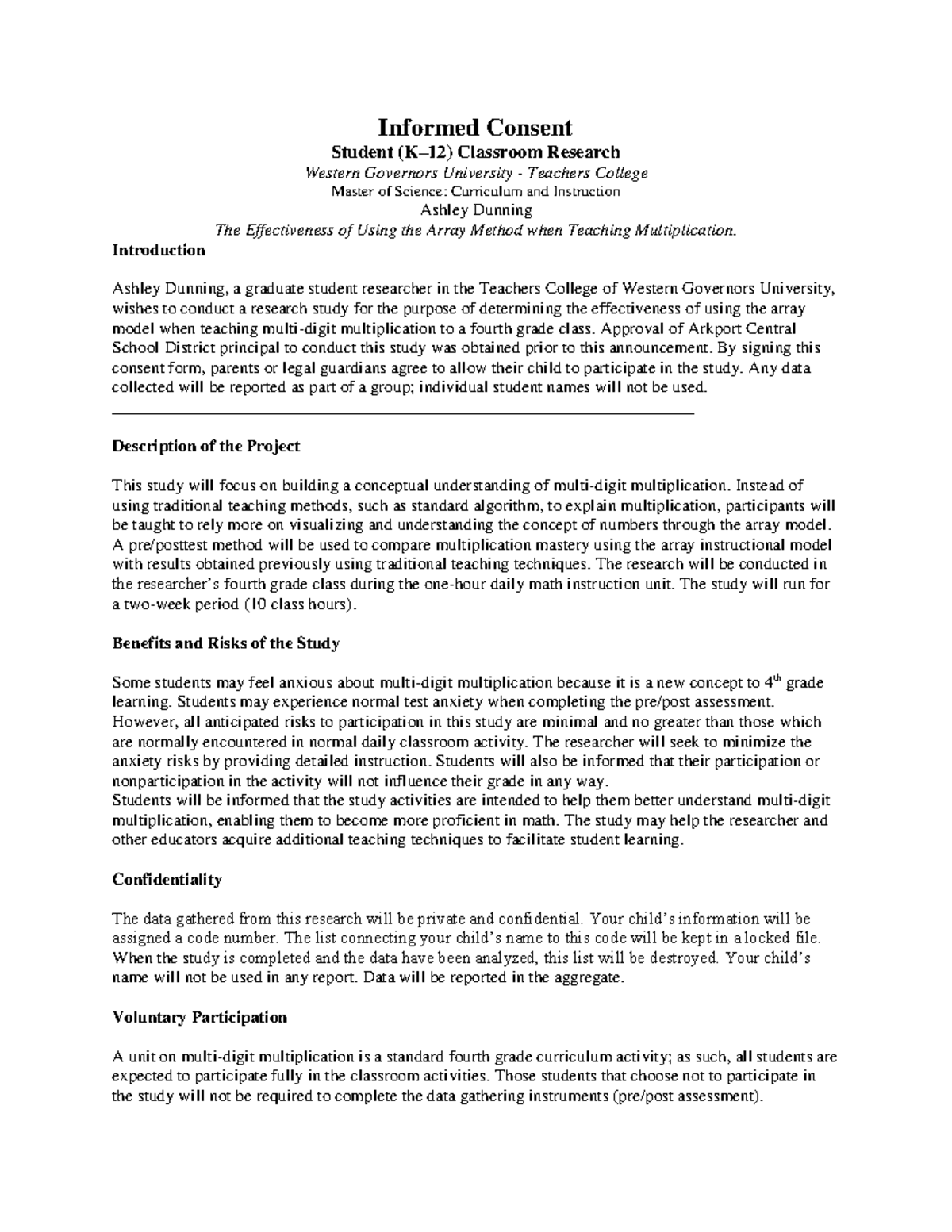 Informed Consent - Informed Consent Student (K–12) Classroom Research ...