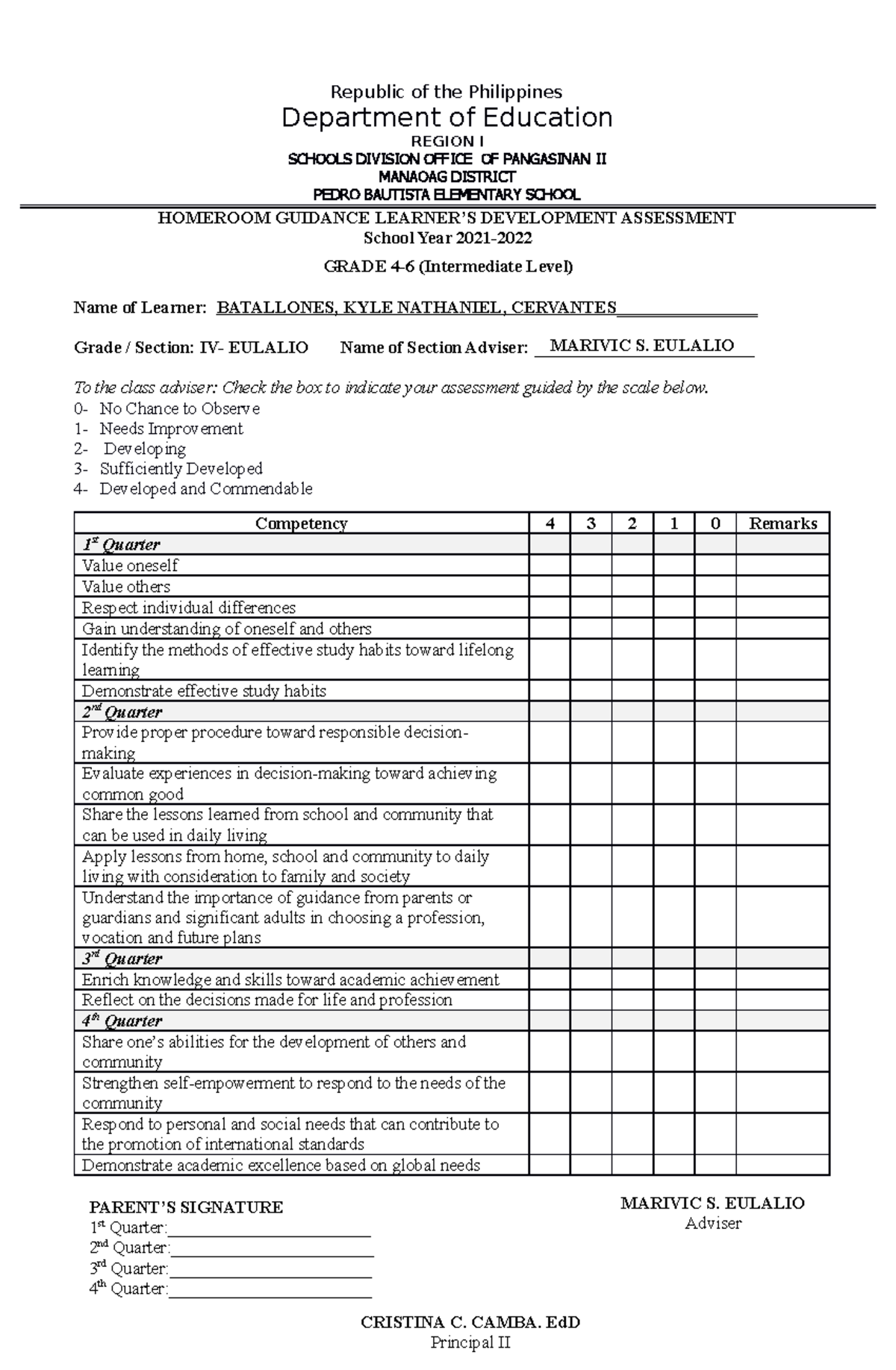 Final homeroom guidance LDA gr.4 2021-2022 - Republic of the Philippines Department of Education ...