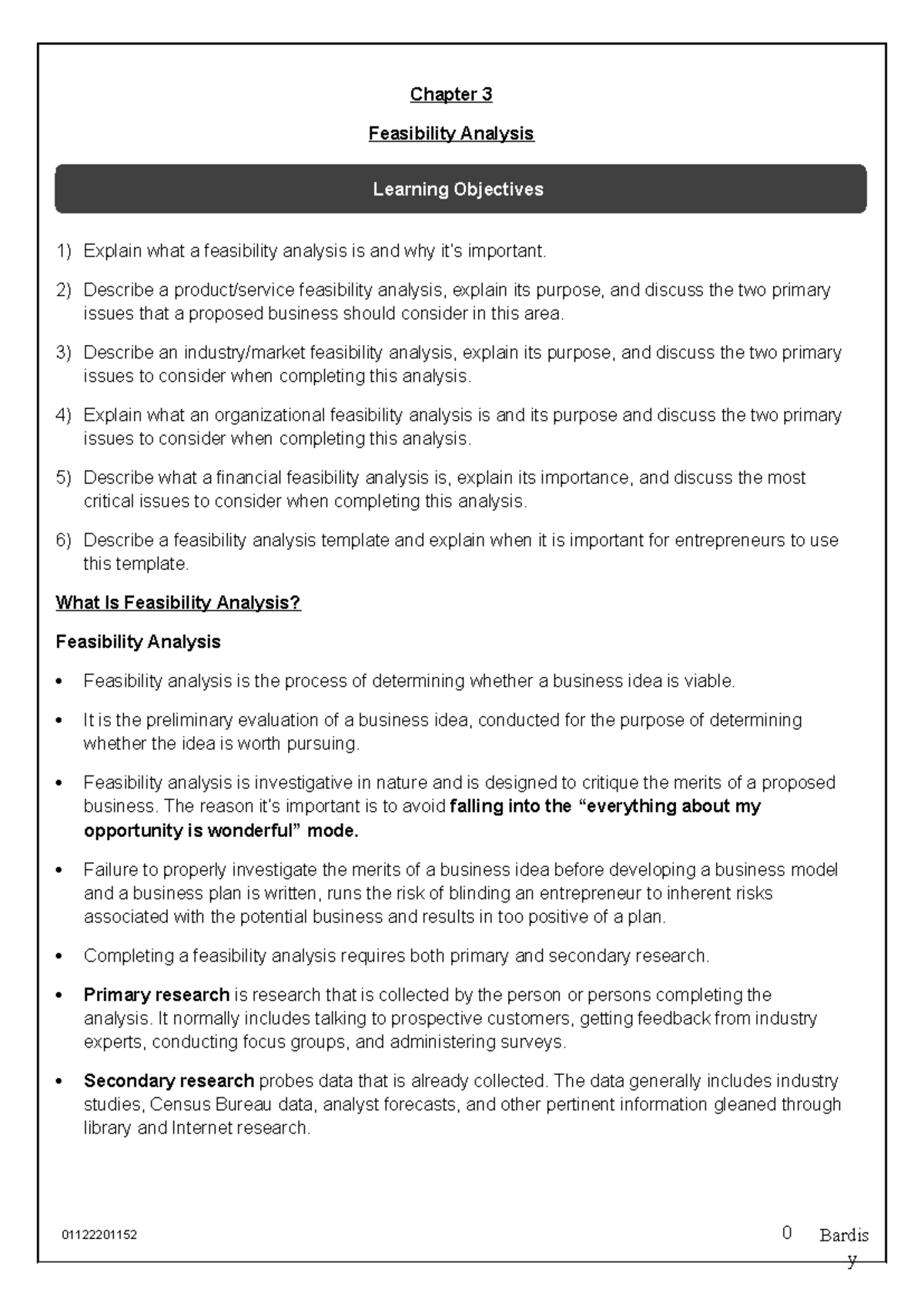 Barringer - Chapter 3 - Bardis Chapter 3 Feasibility Analysis Explain what a feasibility ...