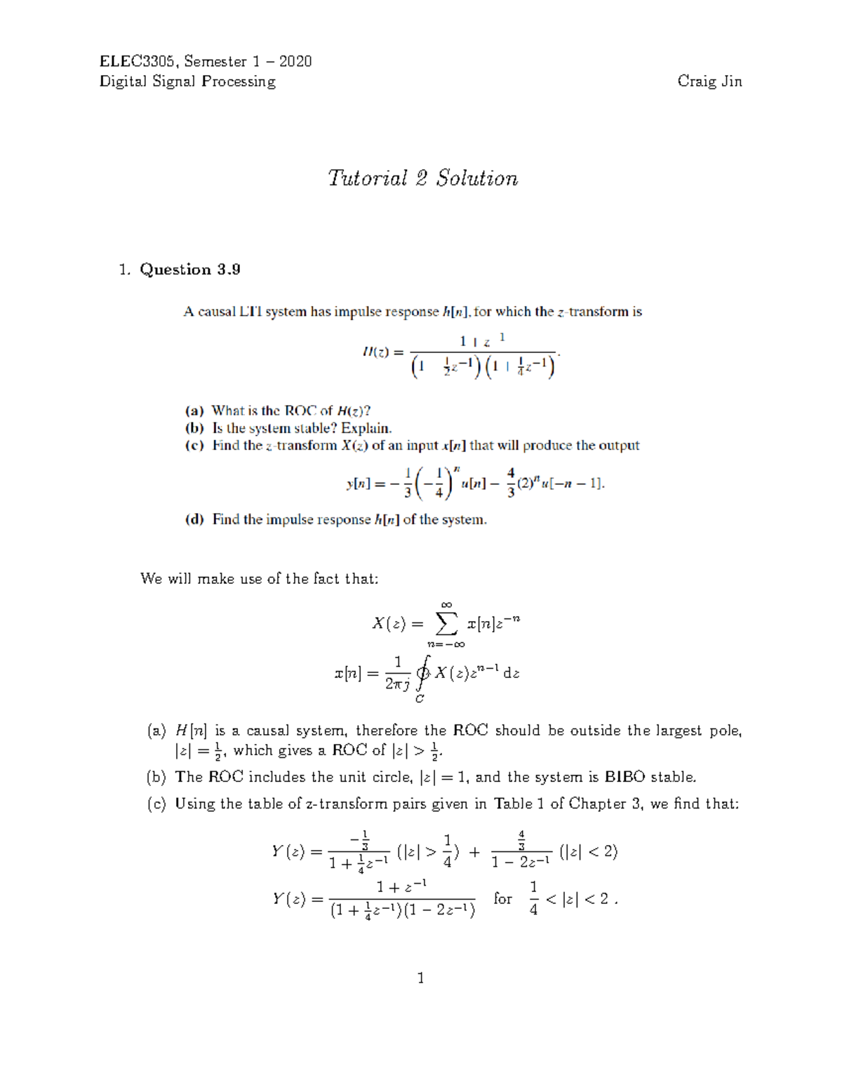 Tutorial 2Soln - tut work - ELEC3305, Semester 1 – 2020 Digital Signal ...
