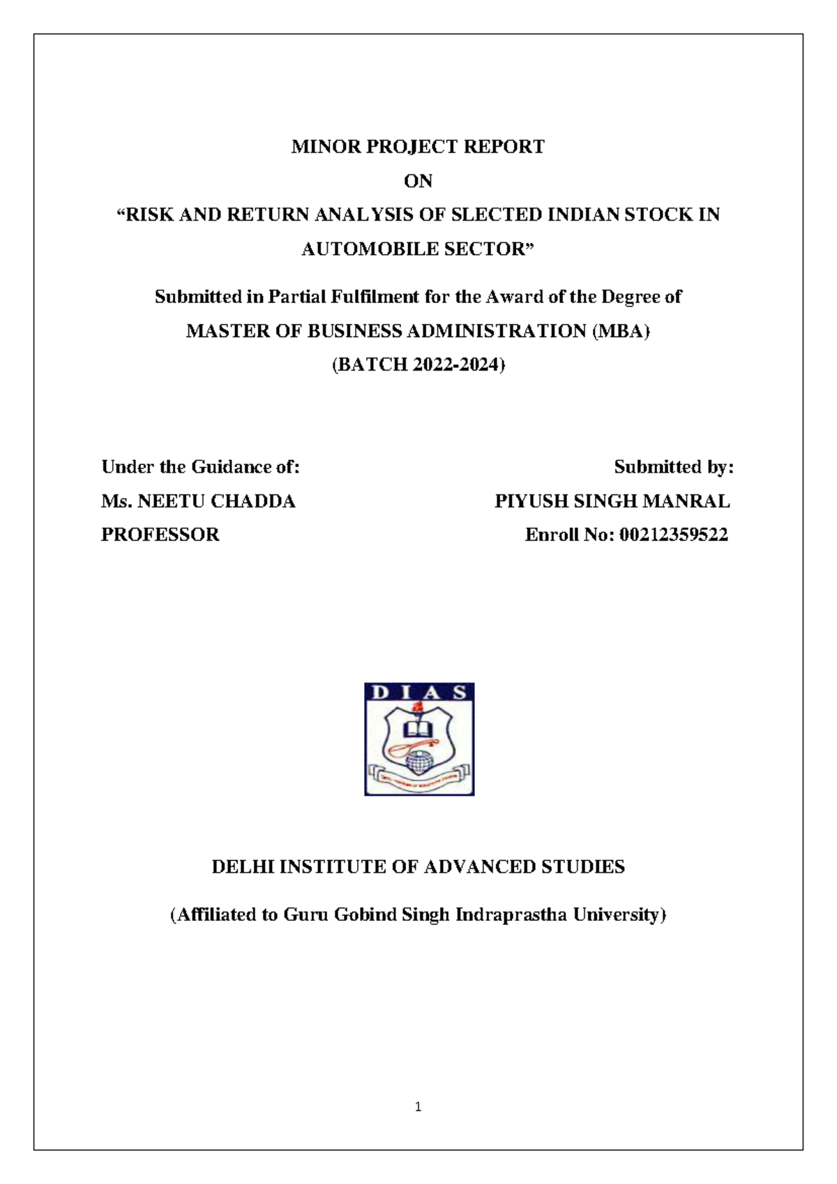 Mba minor project - MINOR PROJECT REPORT ON “RISK AND RETURN ANALYSIS ...
