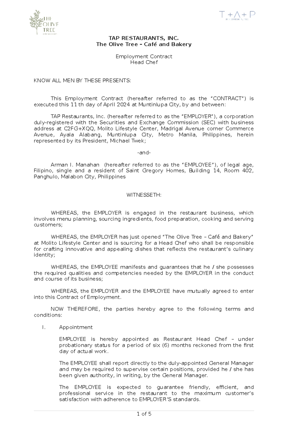 Manahan Employment Contract - Head Chef - TAP RESTAURANTS, INC. The ...