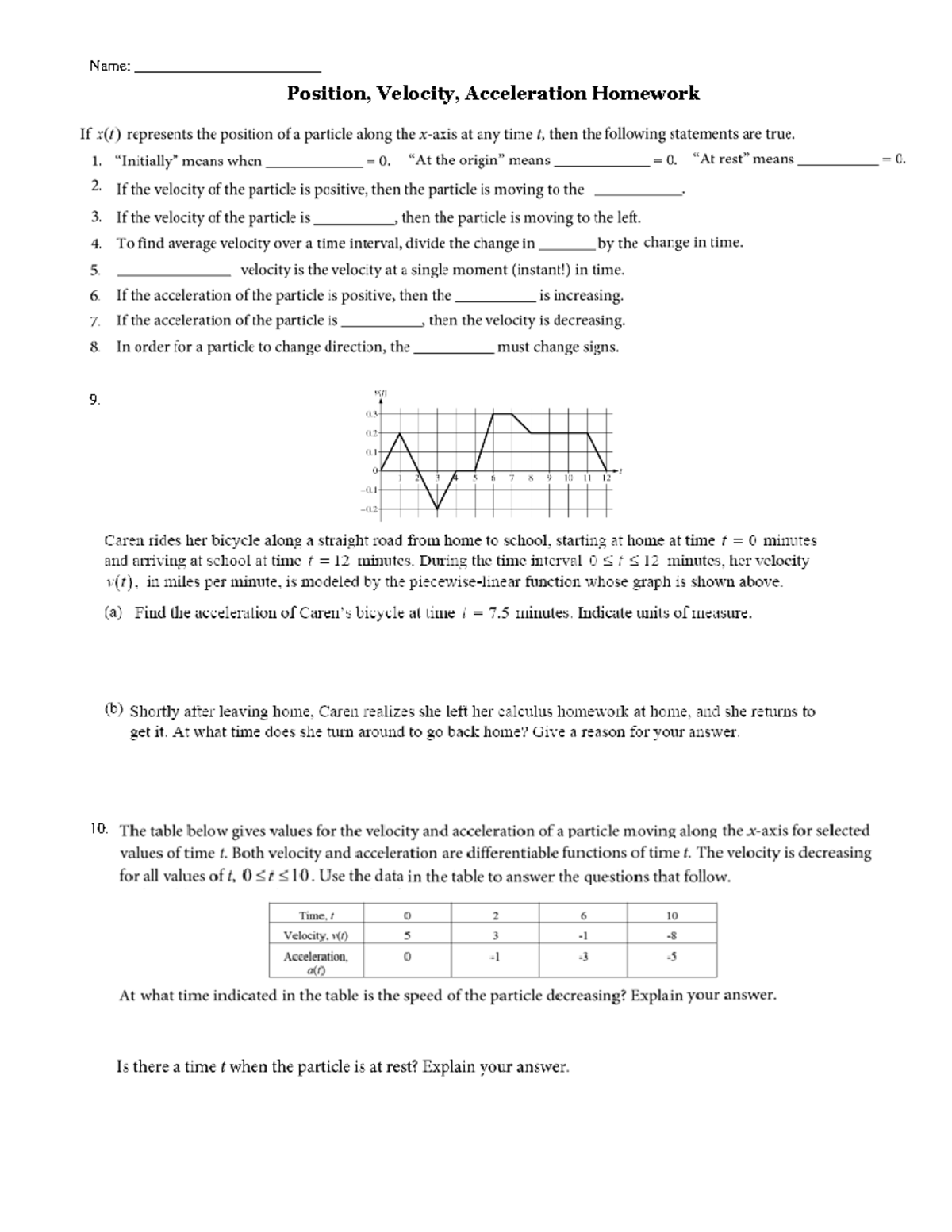 PVA Homework - yes - Name: ________________________ Position, Velocity ...