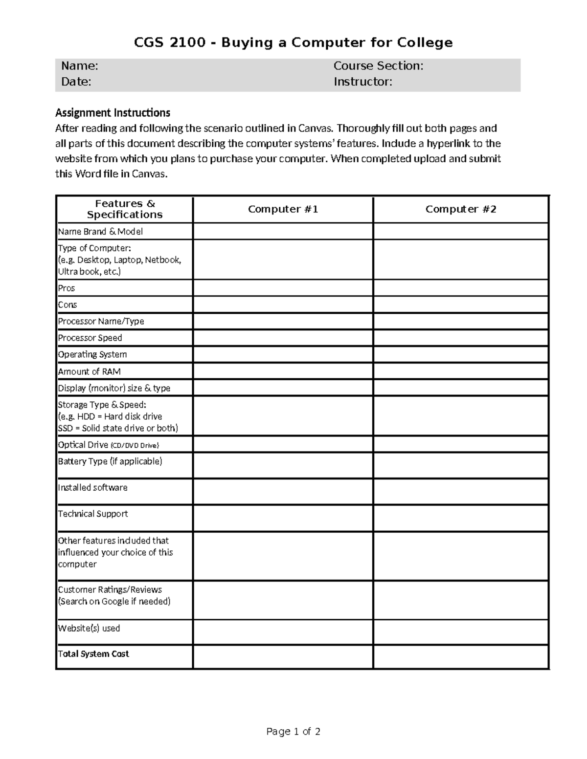 CGS 2100 Buying a Computer for College - CGS 2100 - Buying a Computer ...