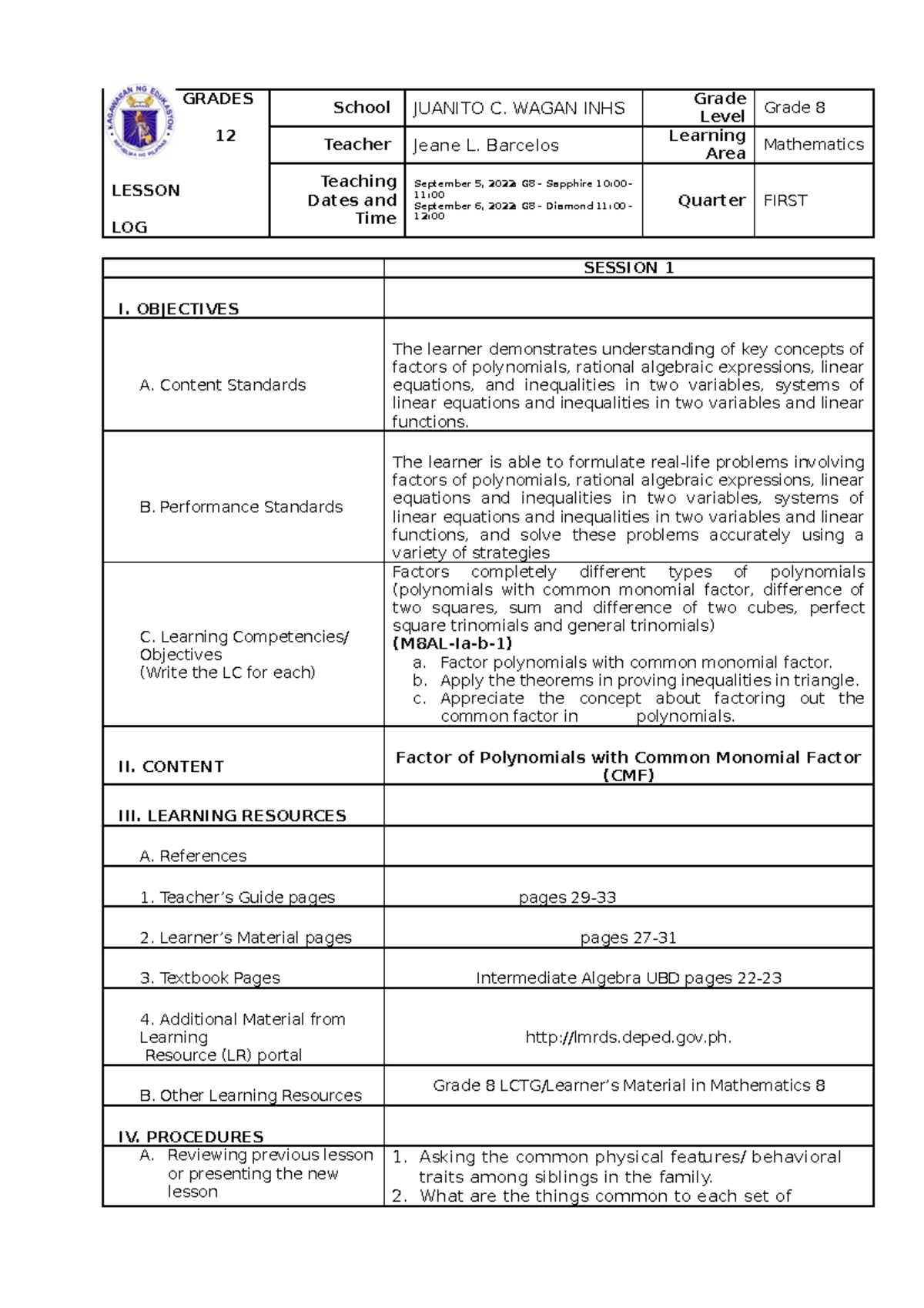 DLL1 - none - GRADES 1 to 12 DAILY LESSON LOG School JUANITO C. WAGAN ...