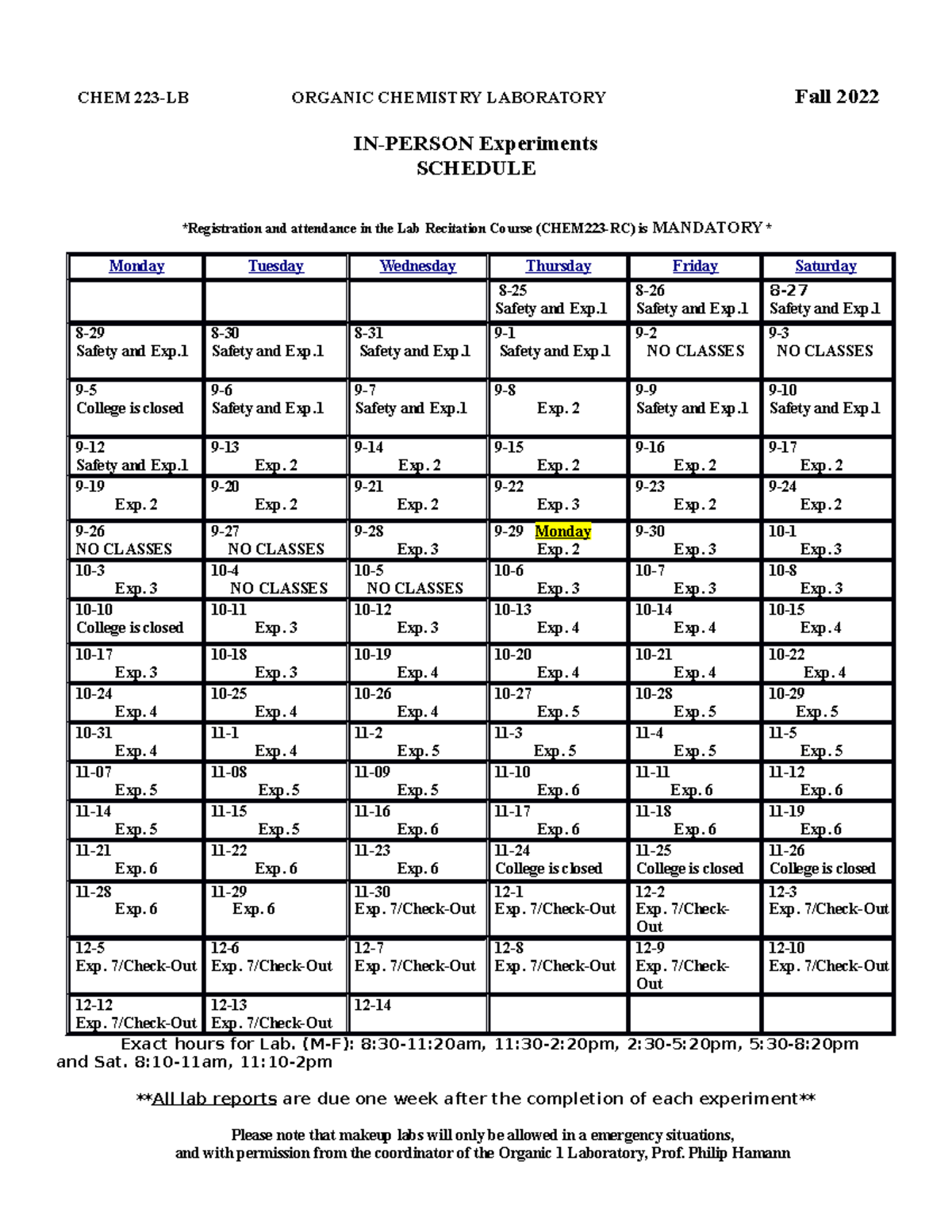 223 Fall 2022 Schedule - Practice materials - IN-PERSON Experiments SCHEDULE Registration and ...