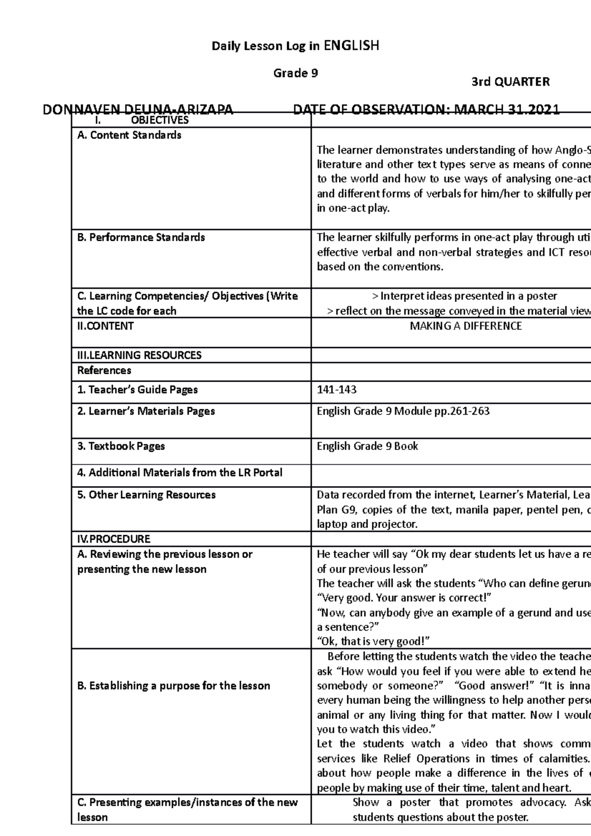 Detailed Lesson pLan in English 9 Legazpi City - Daily Lesson Log in ...