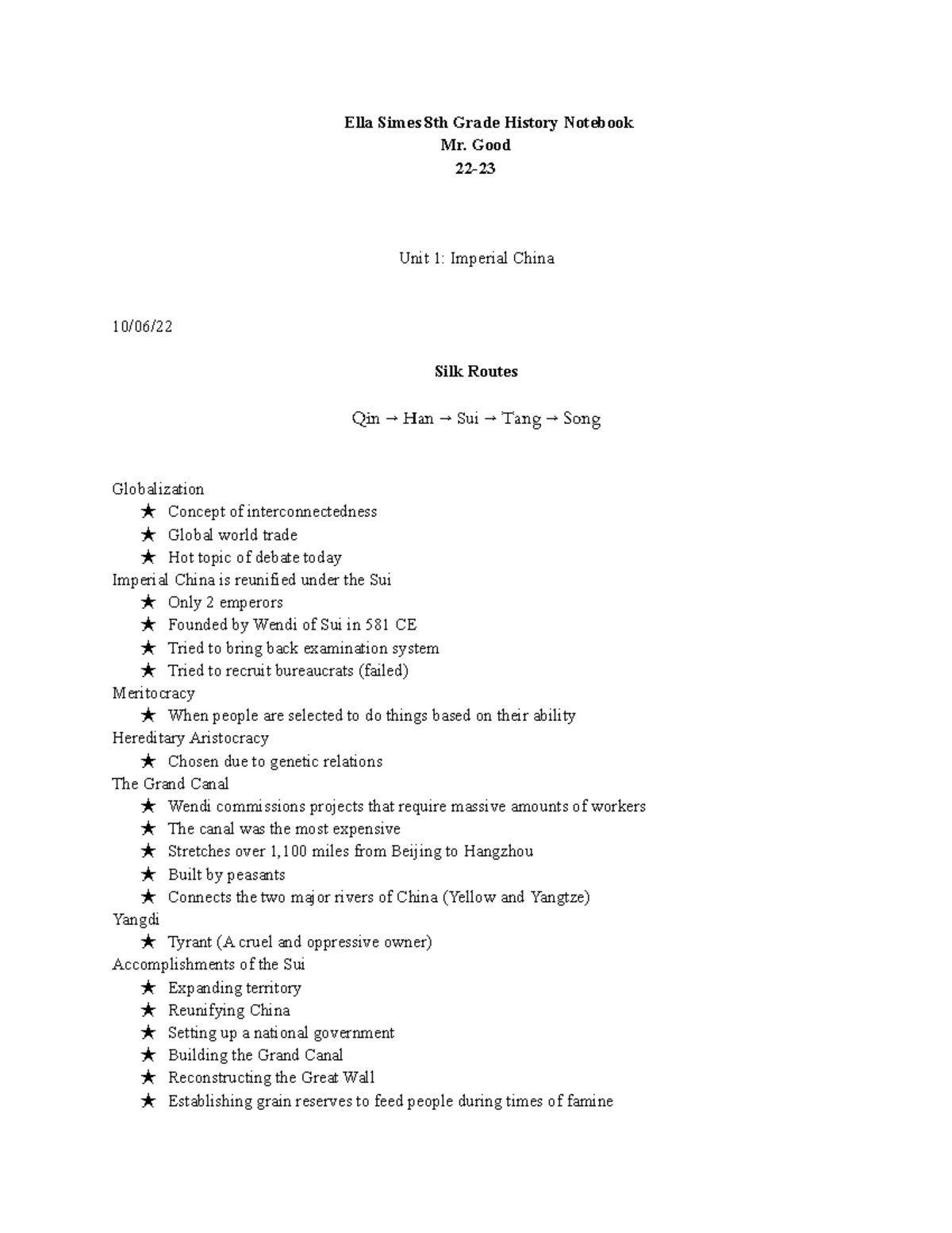 8th Grade History Notebook - Good22- Unit 1: Imperial China 10/06/ Silk ...