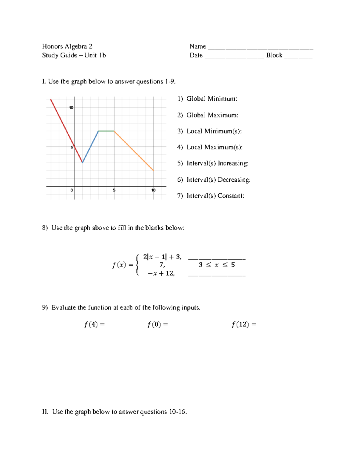 MYP Study Guide - Unit 1b - Function Analysis - Honors Algebra 2 Name