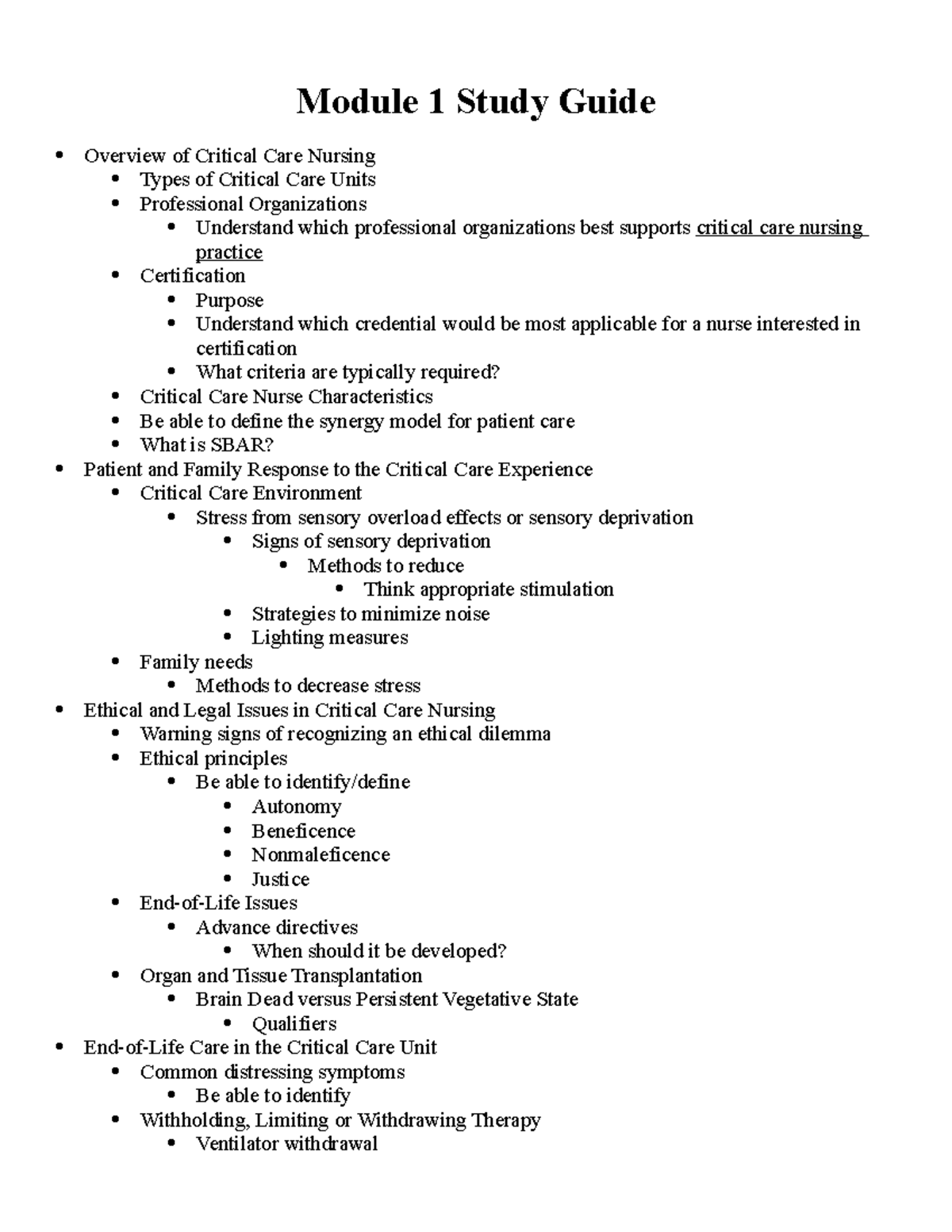 NUR 4257 Module 1 Study Guide - Module 1 Study Guide Overview of ...