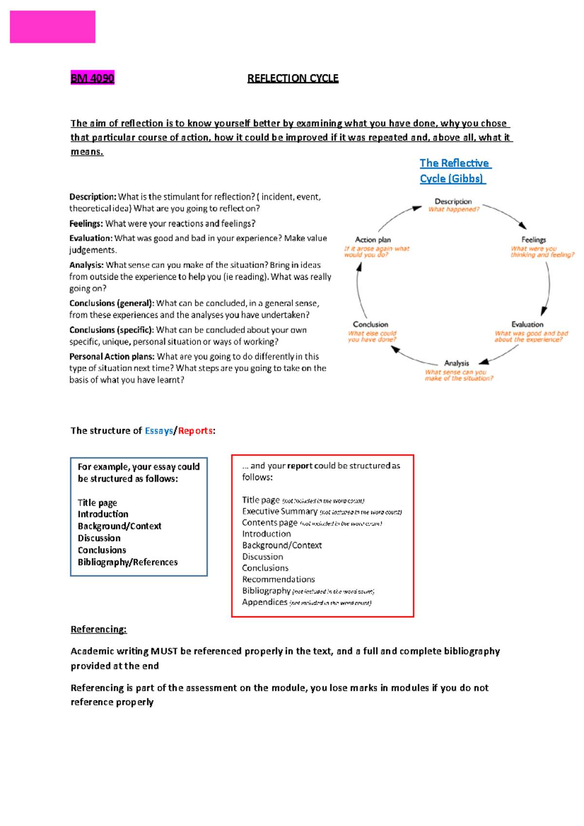 Reflective writing & referencing - BM 4090 REFLECTION CYCLE The aim of ...