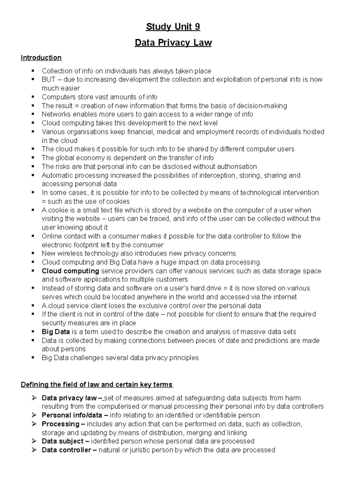 IURA 415 Cyber Law_ Study Unit 9 notes 2024 - Study Unit 9 Data Privacy ...