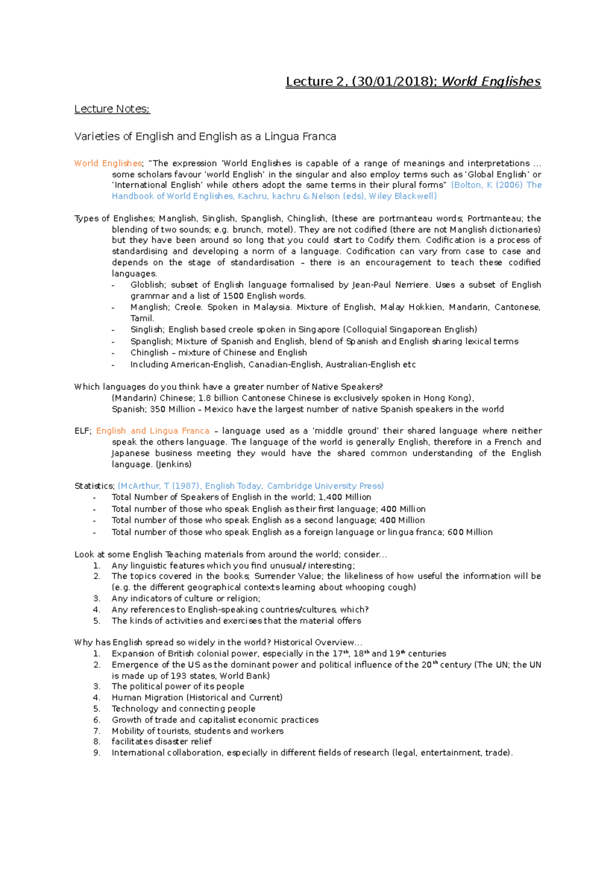 Lecture 2, (30:01:2018 ) World Englishes - Lecture 2, World Englishes ...