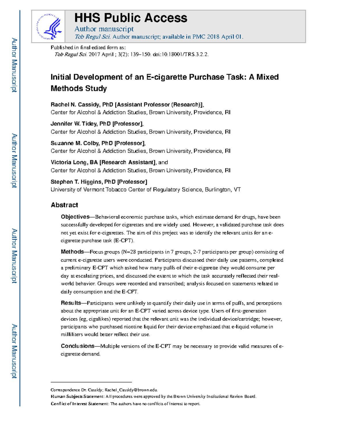 Cassidy.2017 .Development of an E cig Purchase task-best method to ...