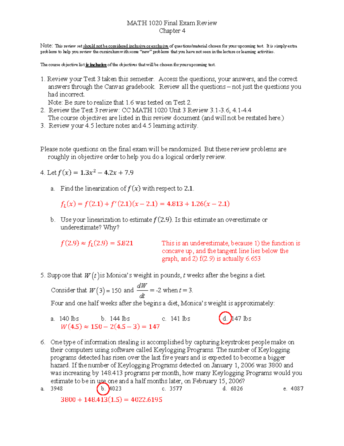 MATH 1020 FE Review - Chapter 4 KEY - MATH 1020 Final Exam Review ...