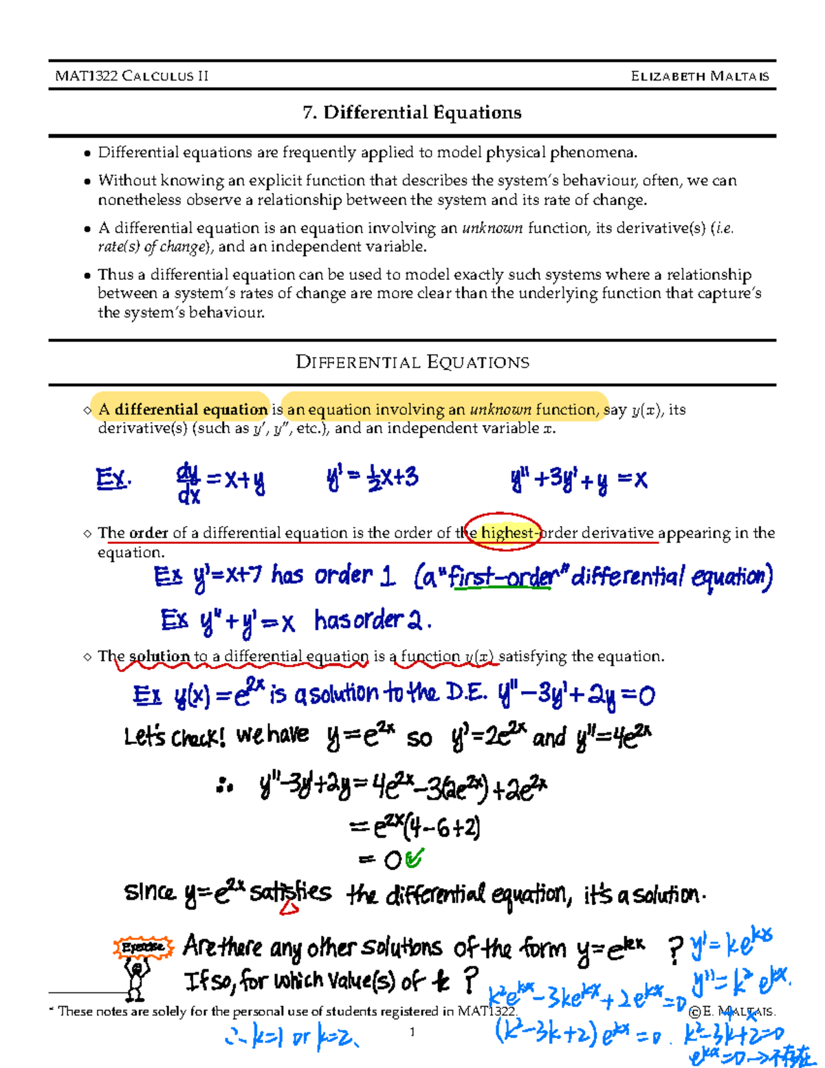 Notes 07 Differential Equations - MAT1322 CALCULUSII ELIZABETHMALTAIS 7 ...