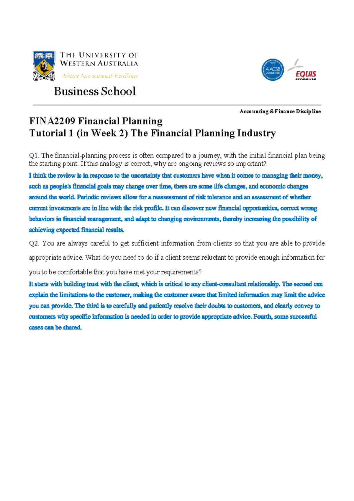 Tutorial 1 - good - Business School Accounting & Finance Discipline ...
