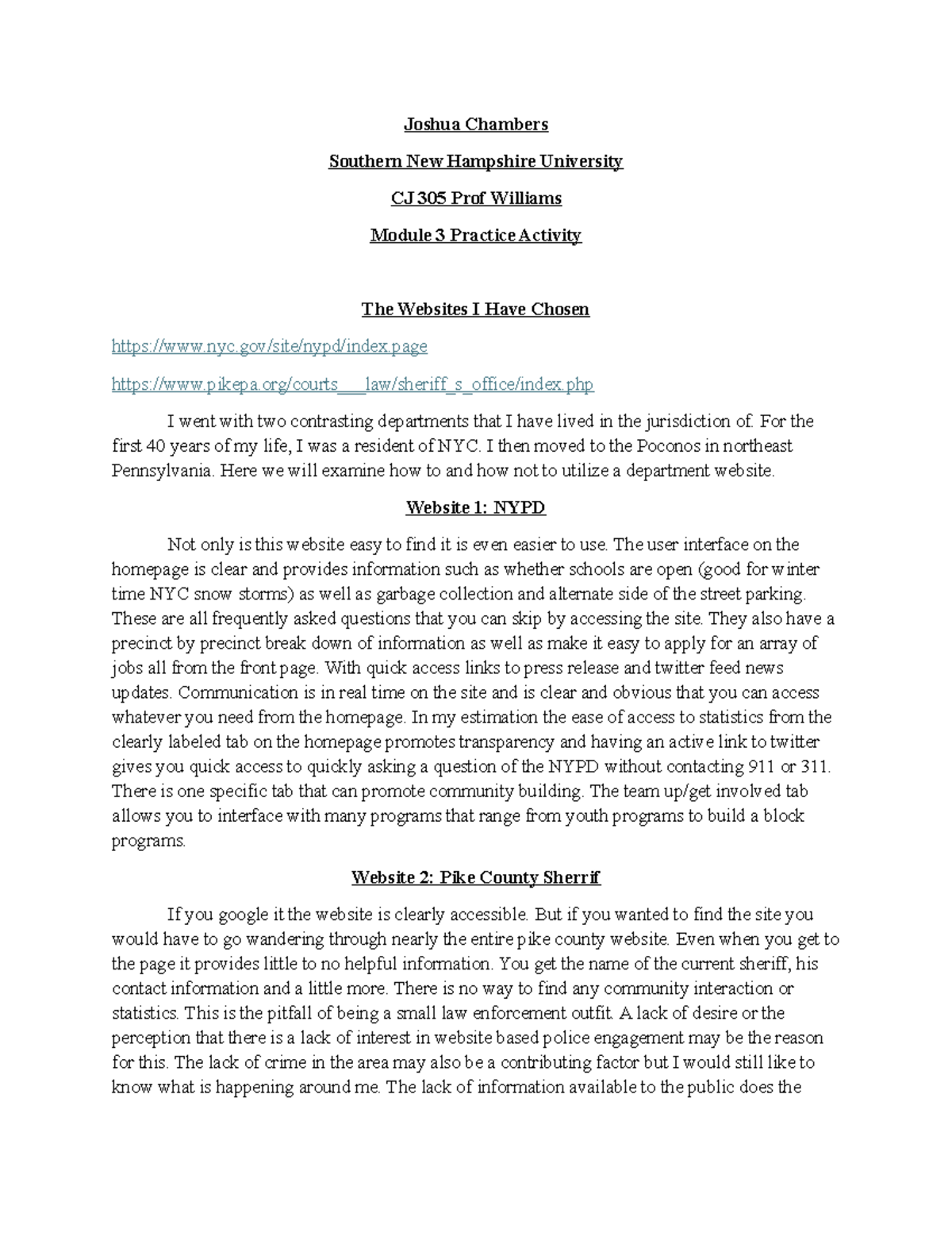 CJ 305 Module 3 PA - Joshua Chambers Southern New Hampshire University ...