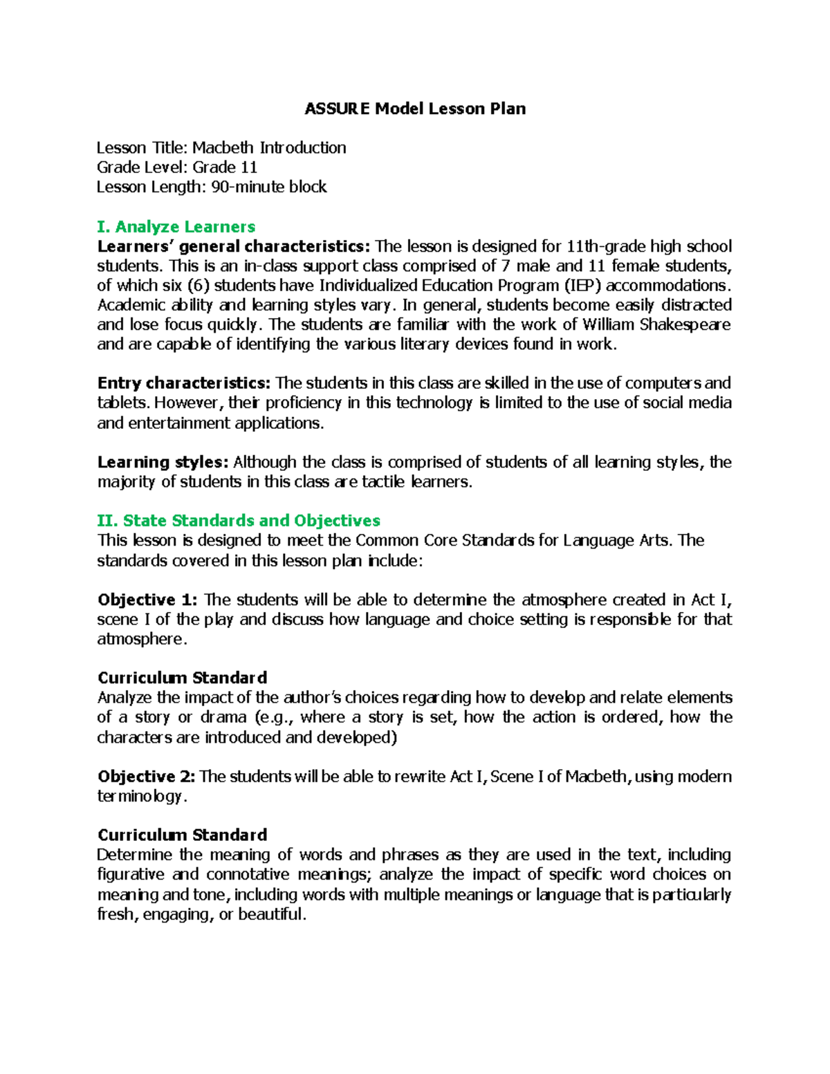 Assure Model Lesson Plan - ASSURE Model Lesson Plan Lesson Title ...