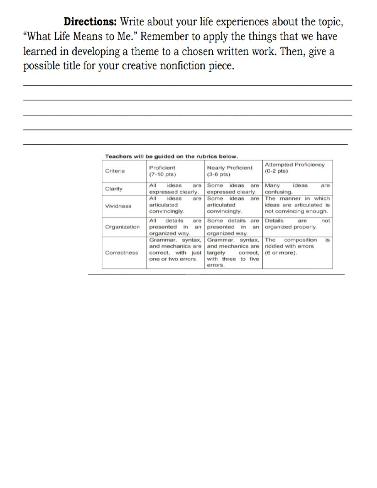 Performance Task 2 - Directions: Write about your life experiences ...
