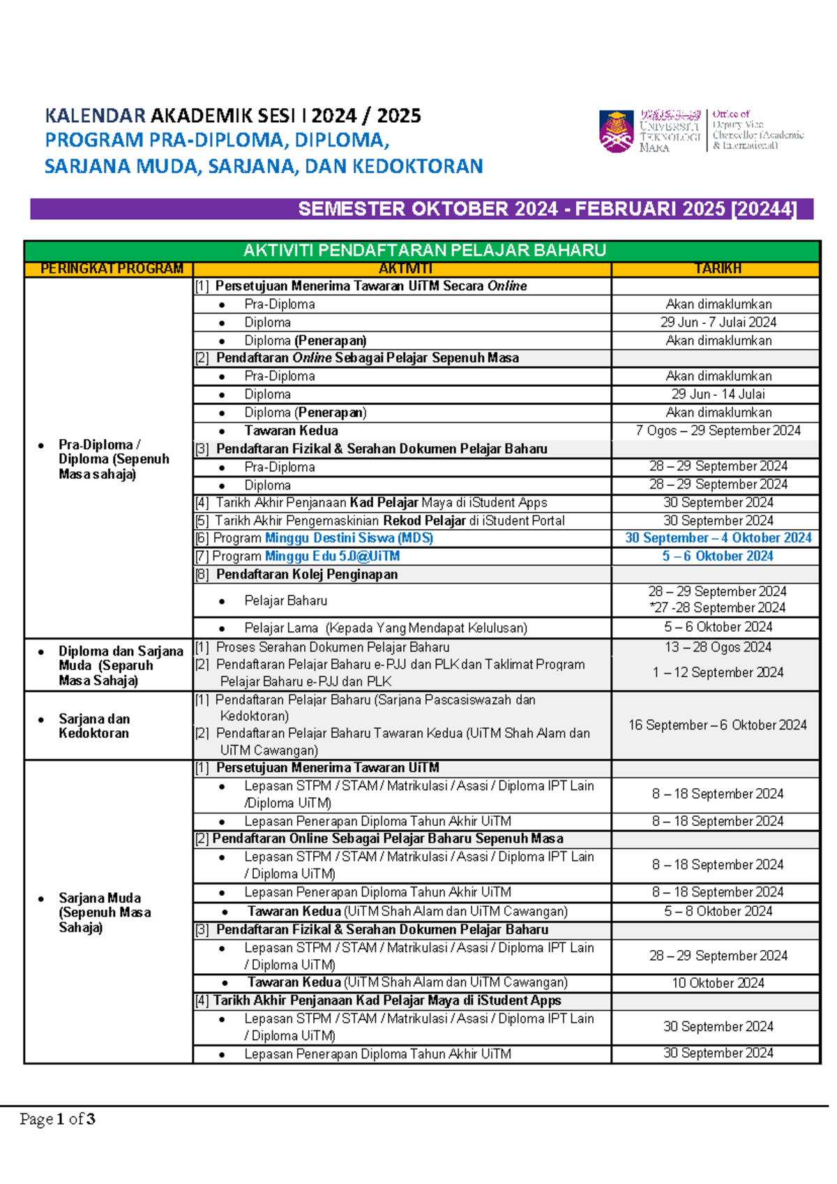 Academic Calendar - Page 1 of 3 KALENDAR AKADEMIK SESI I 2024 / 2025 ...