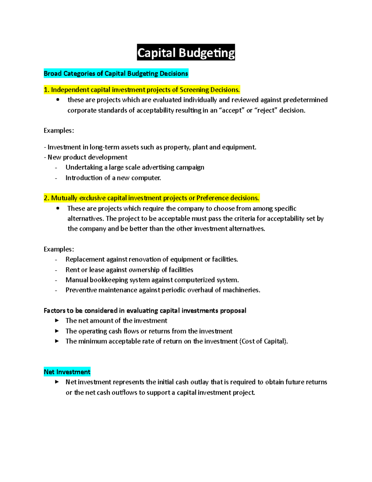 Capital Budgeting summaries - Capital Budgeting Broad Categories of ...