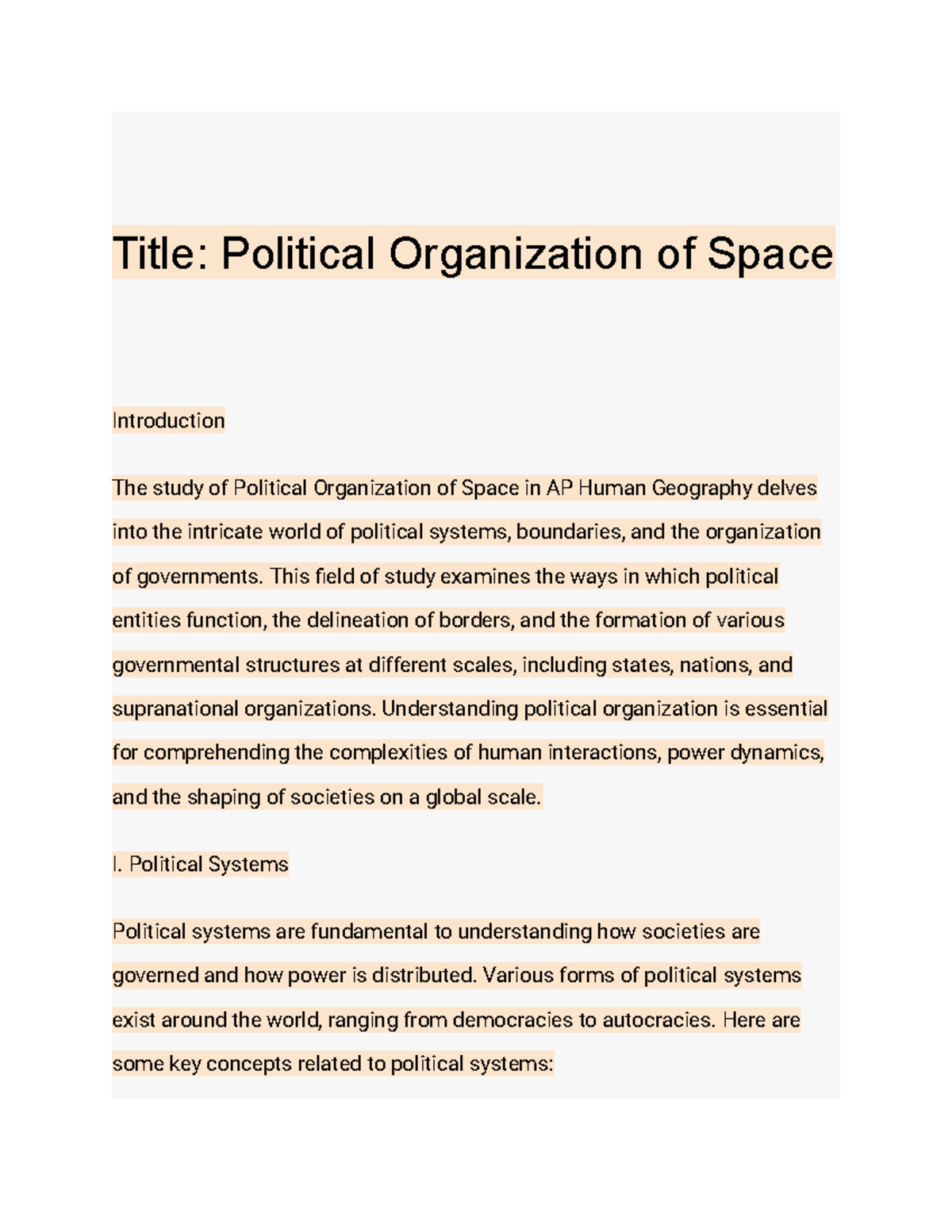 Title Political Organization of Space - This field of study examines ...