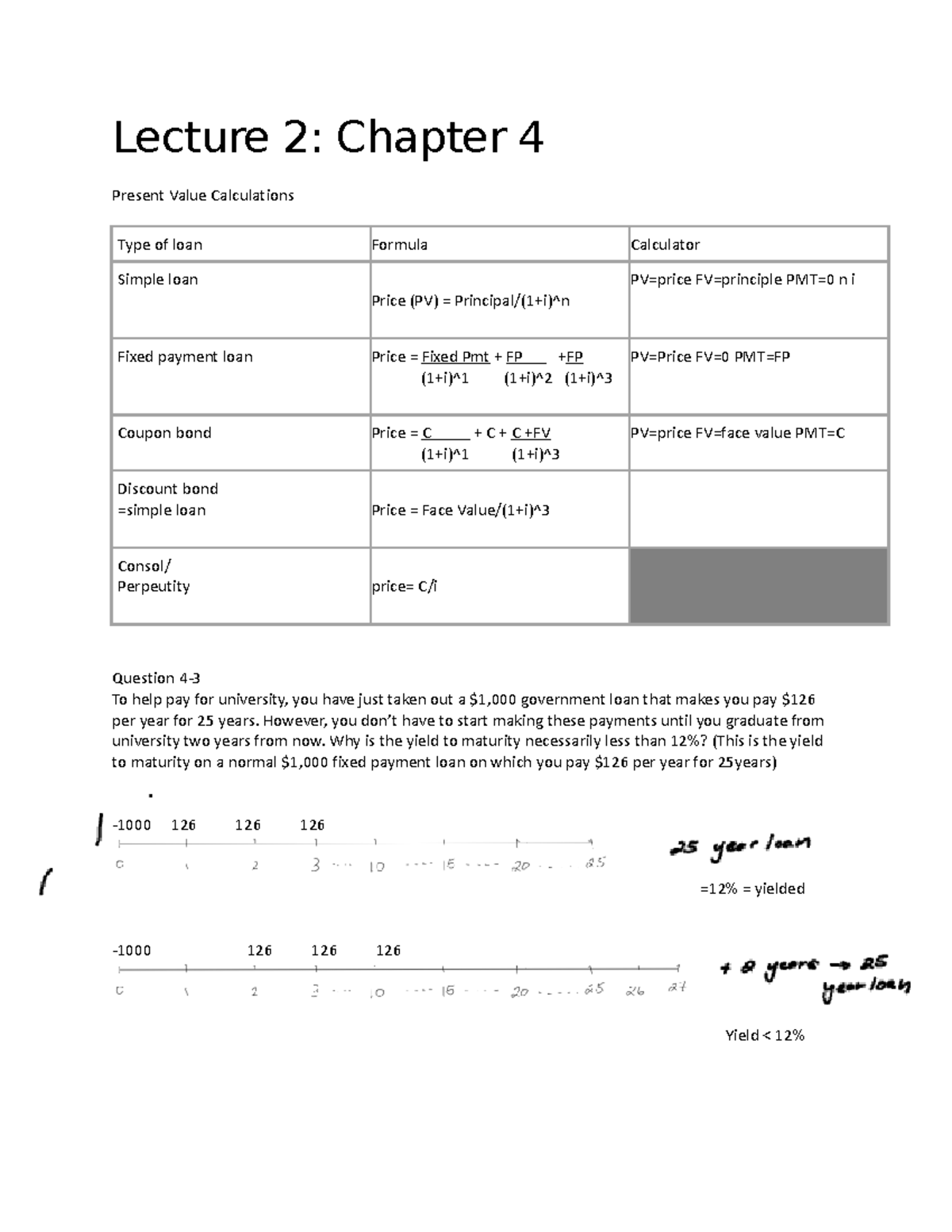 Lecture 2 Ch 4 - Lecture 2: Chapter 4 Present Value Calculations Type of loan Formula Calculator ...