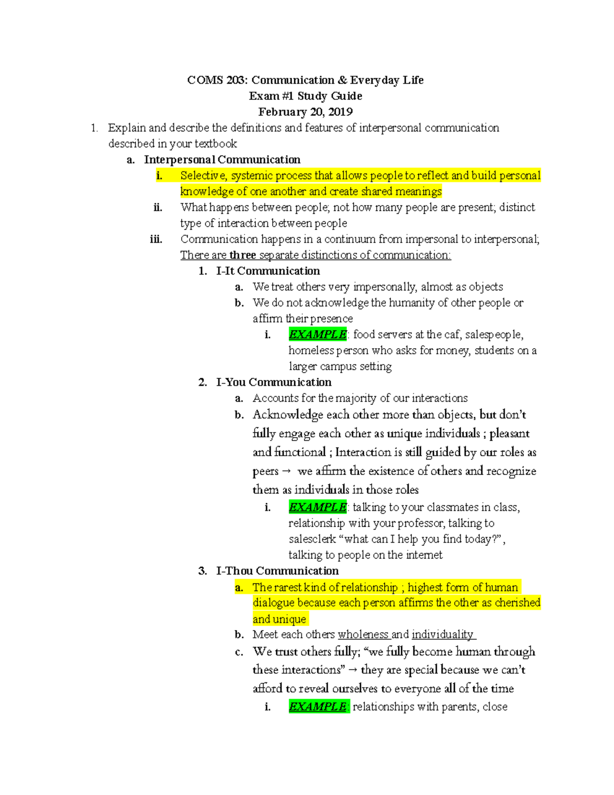 COMS 203 Exam #1 Study Guide - COMS 203: Communication & Everyday Life ...