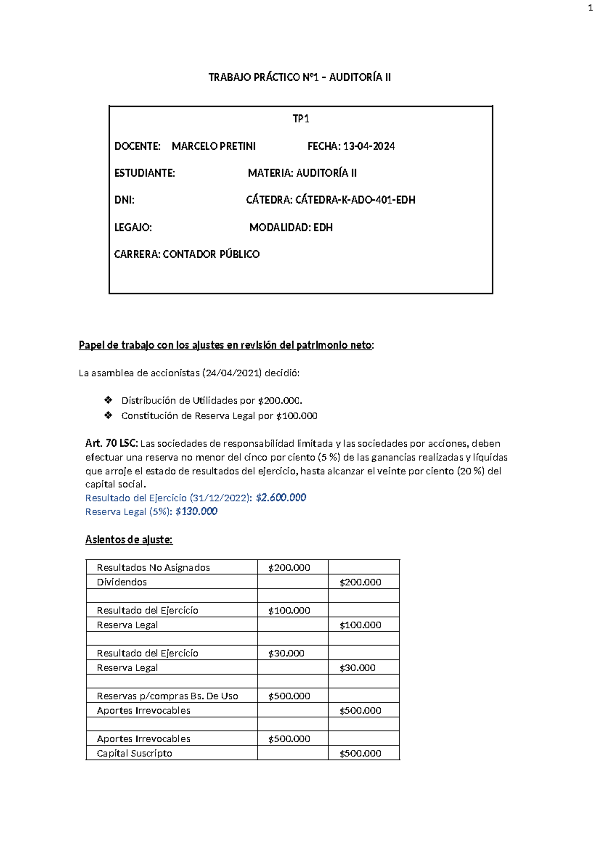 TP 1 - auditoria II - TP1 APROBADO CON 90 - TRABAJO PRÁCTICO N°1 – AUDITORÍA II TP DOCENTE ...