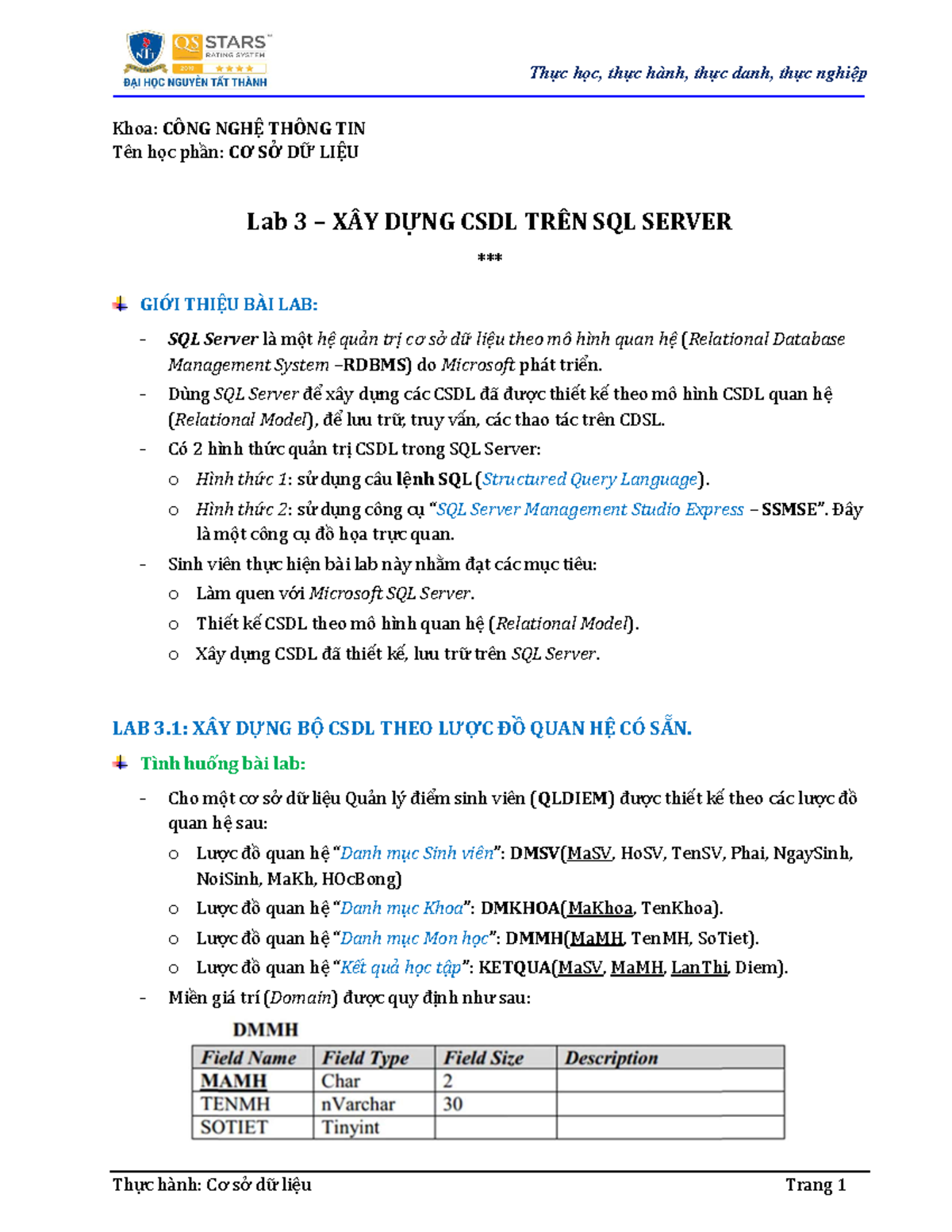 Lab 3-Xây dựng CSDL trên SQL Server - Khoa: CÔNG NGHỆ THÔNG TIN Tên học phần: CƠ SỞ DỮ LIỆU Lab ...